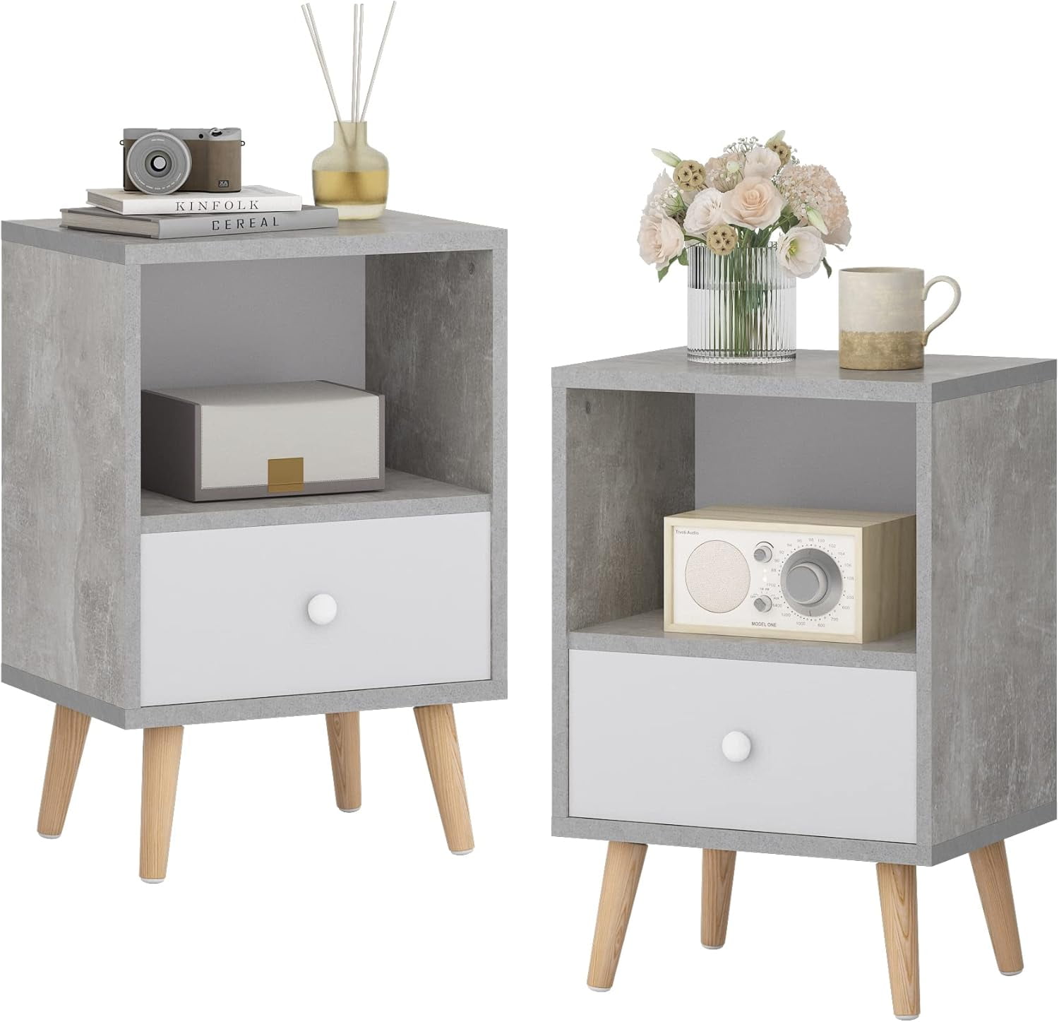 HLL Nightstands Set of 2, Night Stand with Drawer and Open Storage ...
