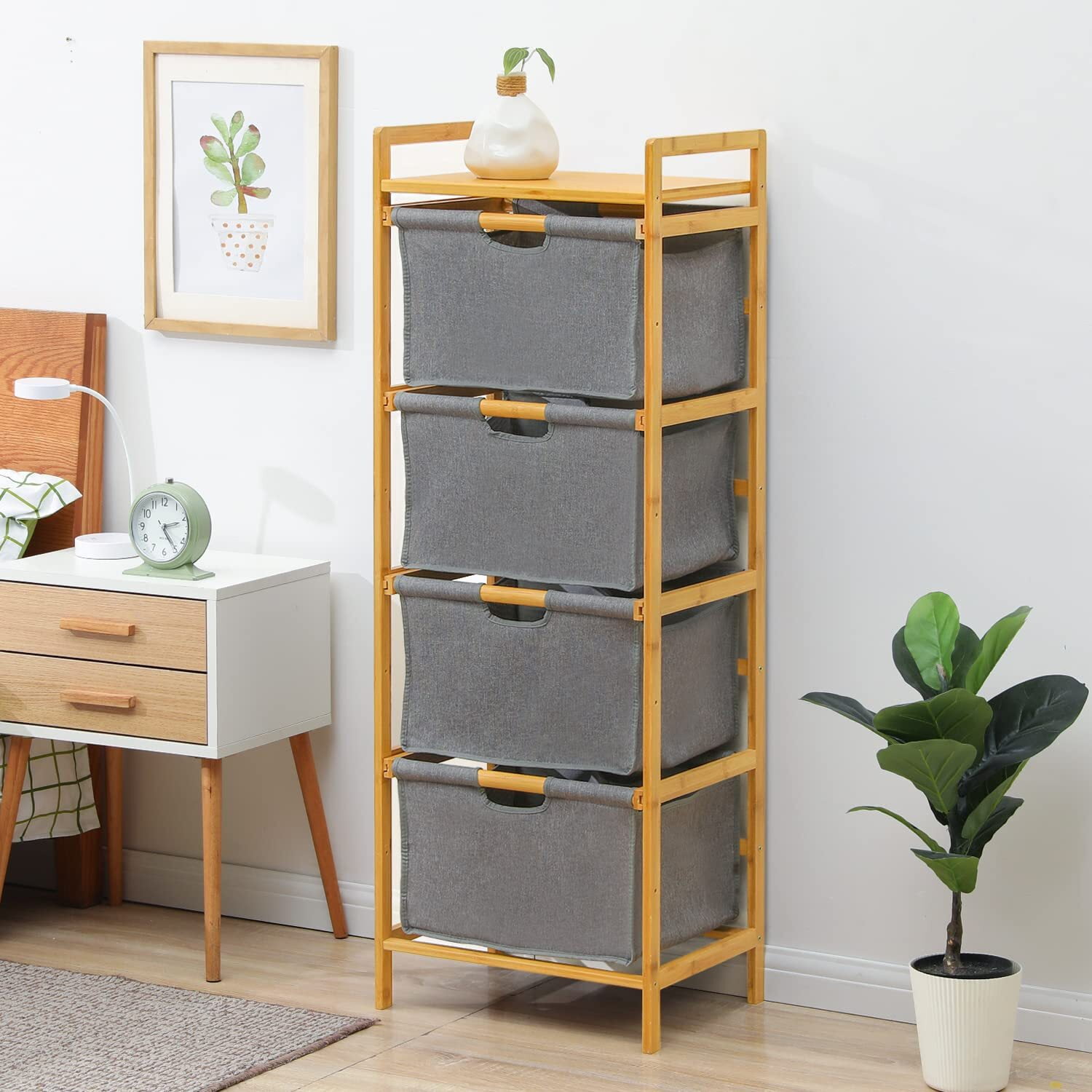 HLL Organizer Storage Shelf with Bamboo Frame and Pull Out Fabric ...
