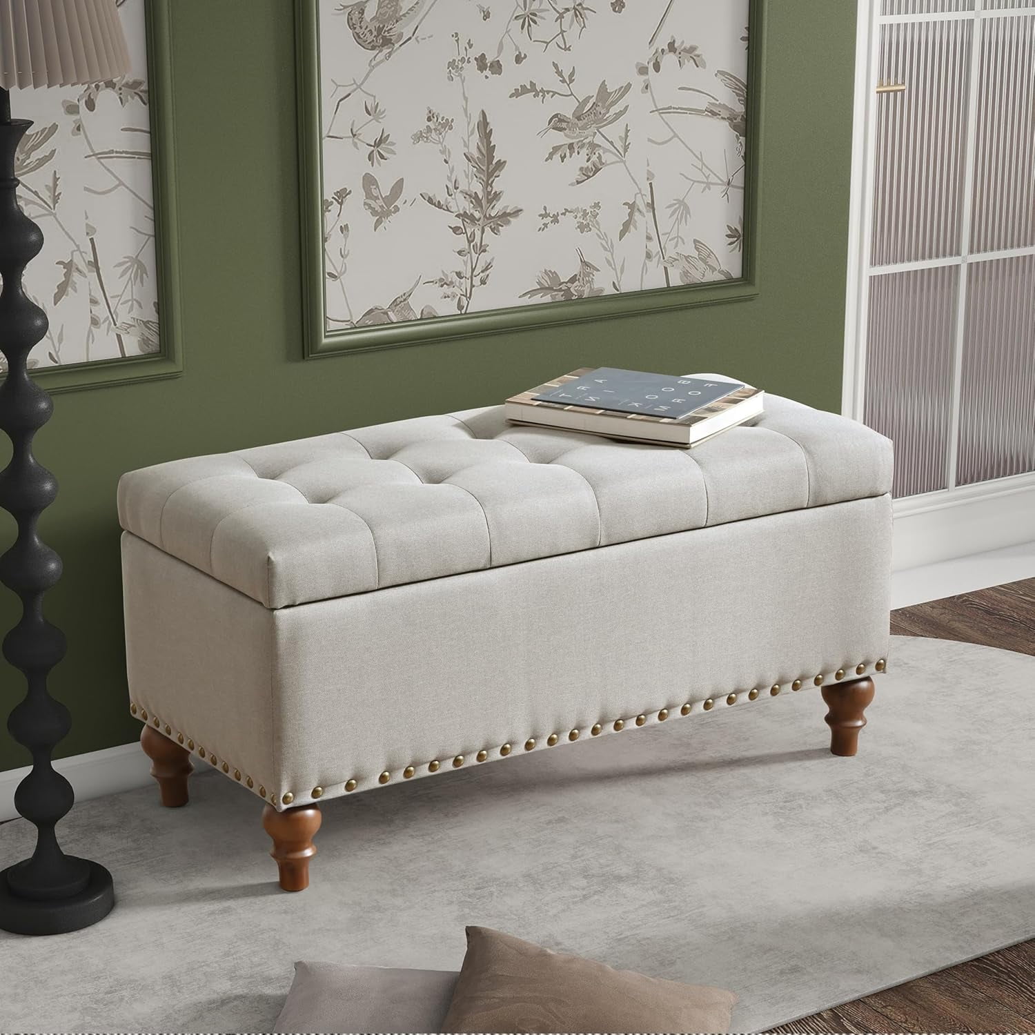 HLL Ottoman Storage Bench, Recessed Support Hinge Top, Rivet Trim ...