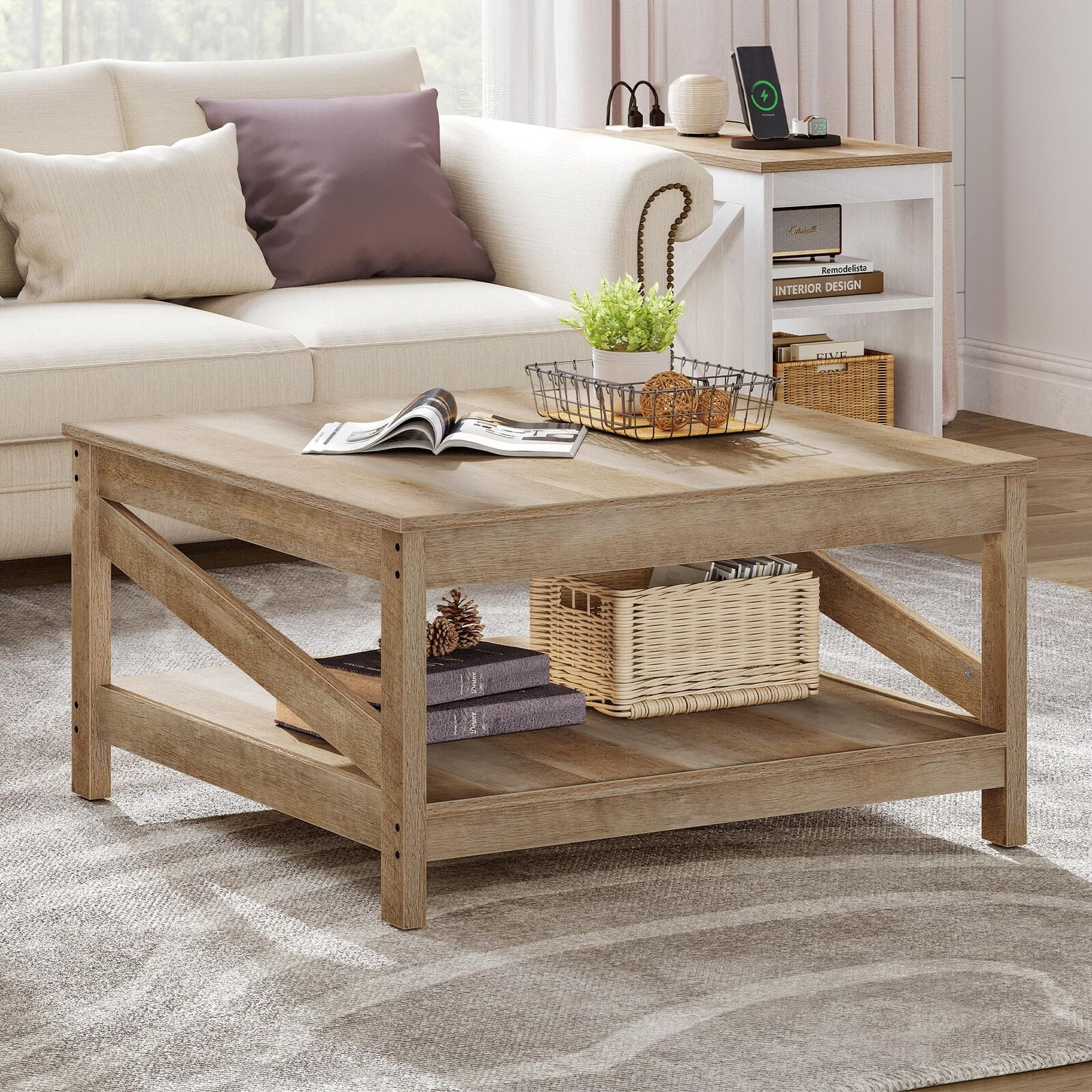 HLL Square Coffee Table with Storage, 2-Tier Farmhouse Coffee Tables ...