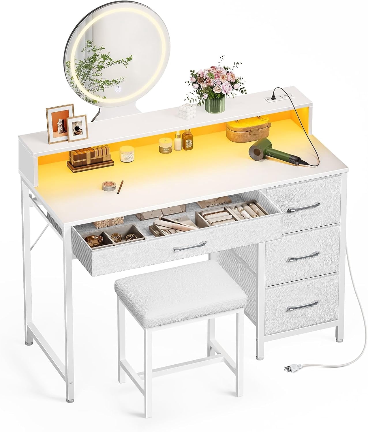HLL Vanity Desk with 4 Fabric Drawers, Vanity Table and Chair Set with ...