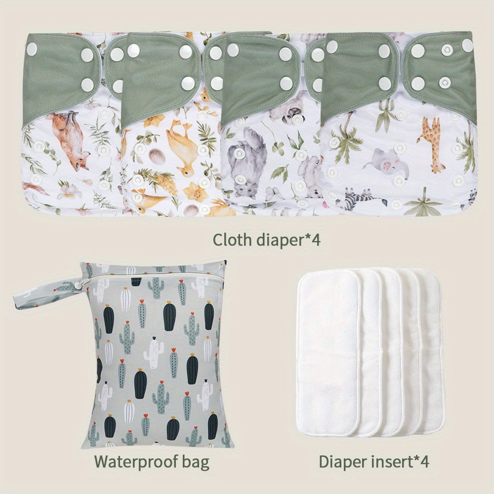 HLONK 4-Piece Animal-Themed Baby Waterproof Diaper Set with Microfiber ...