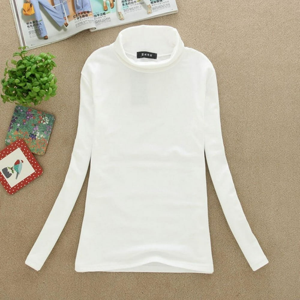 Hlonk Female Casual Turtleneck Long Sleeves Solid Blousas Cotton Basic