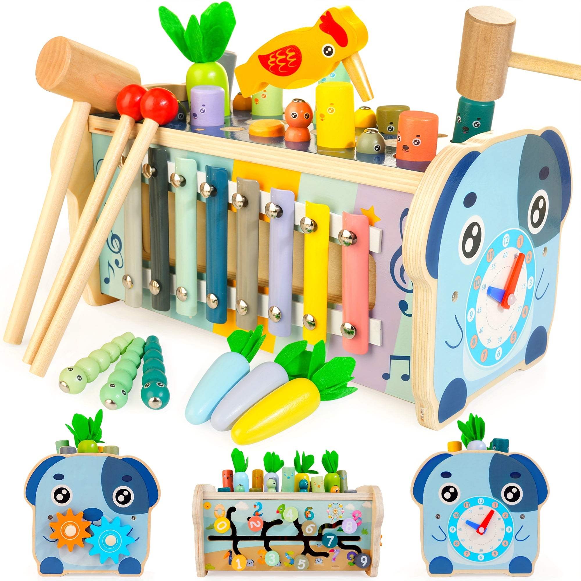 HLONK Montessori Toys for 1 Year Older 7 in 1 Wooden Hammering Pounding ...