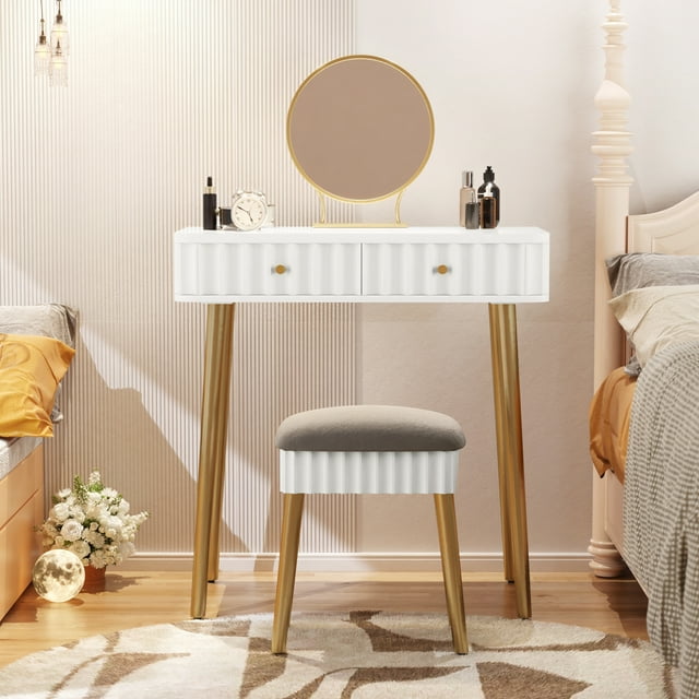 HLR 32" Water Ripple Vanity Table Set with Mirror and Stool 2 Drawers ...