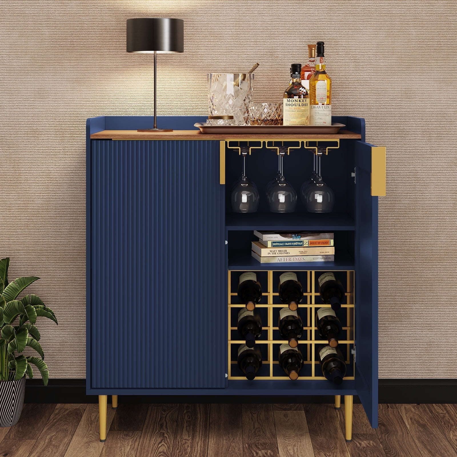 HLR 32" Wine Bar Cabinet with 2 Door Fluted Texture, Modern Coffee ...
