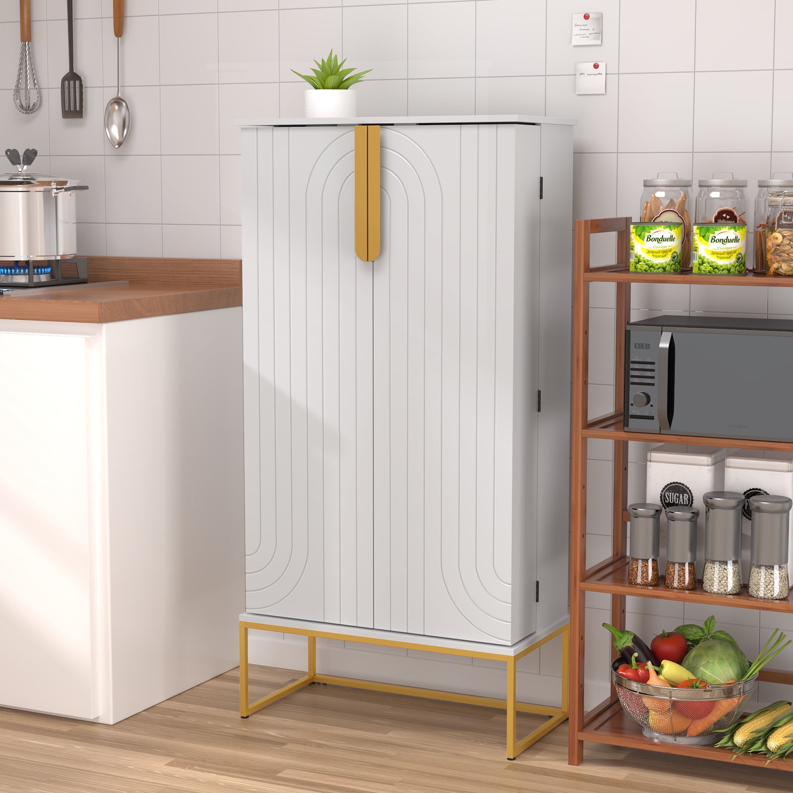 HLR 46"H Kitchen Pantry Cabinets with 2 Doors and Black Metal Base for ...