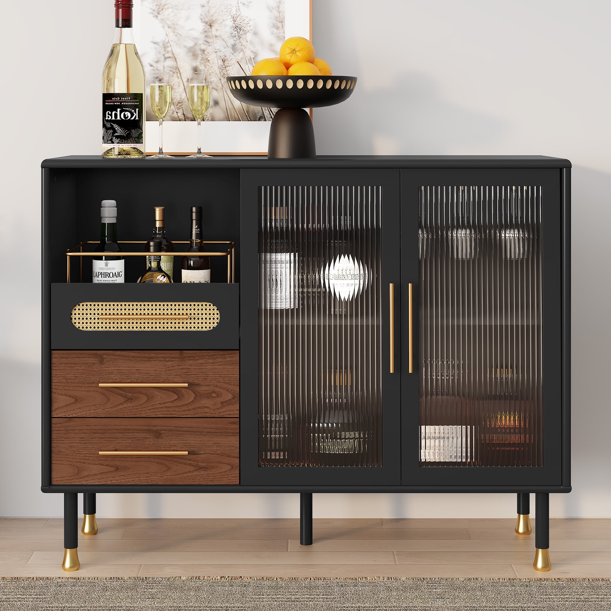 HLR 47.2" Coffee Wine Bar Cabinet with 2 Glass Doors, Modern Buffet ...