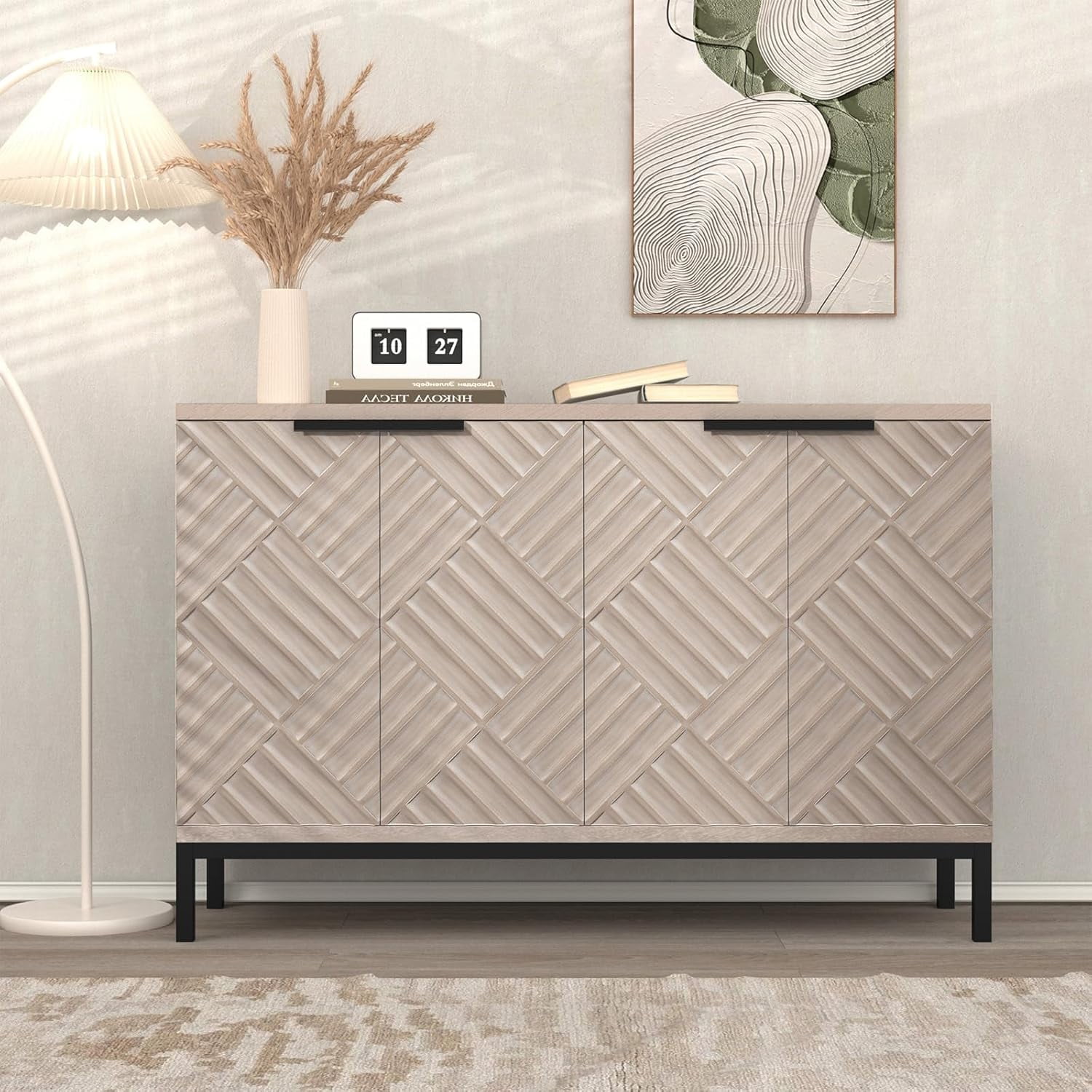 HLR 47" Buffet Sideboard Fluted Cabinet with 4 Doors & Shelves, Modern Credenza Storage Accent ...
