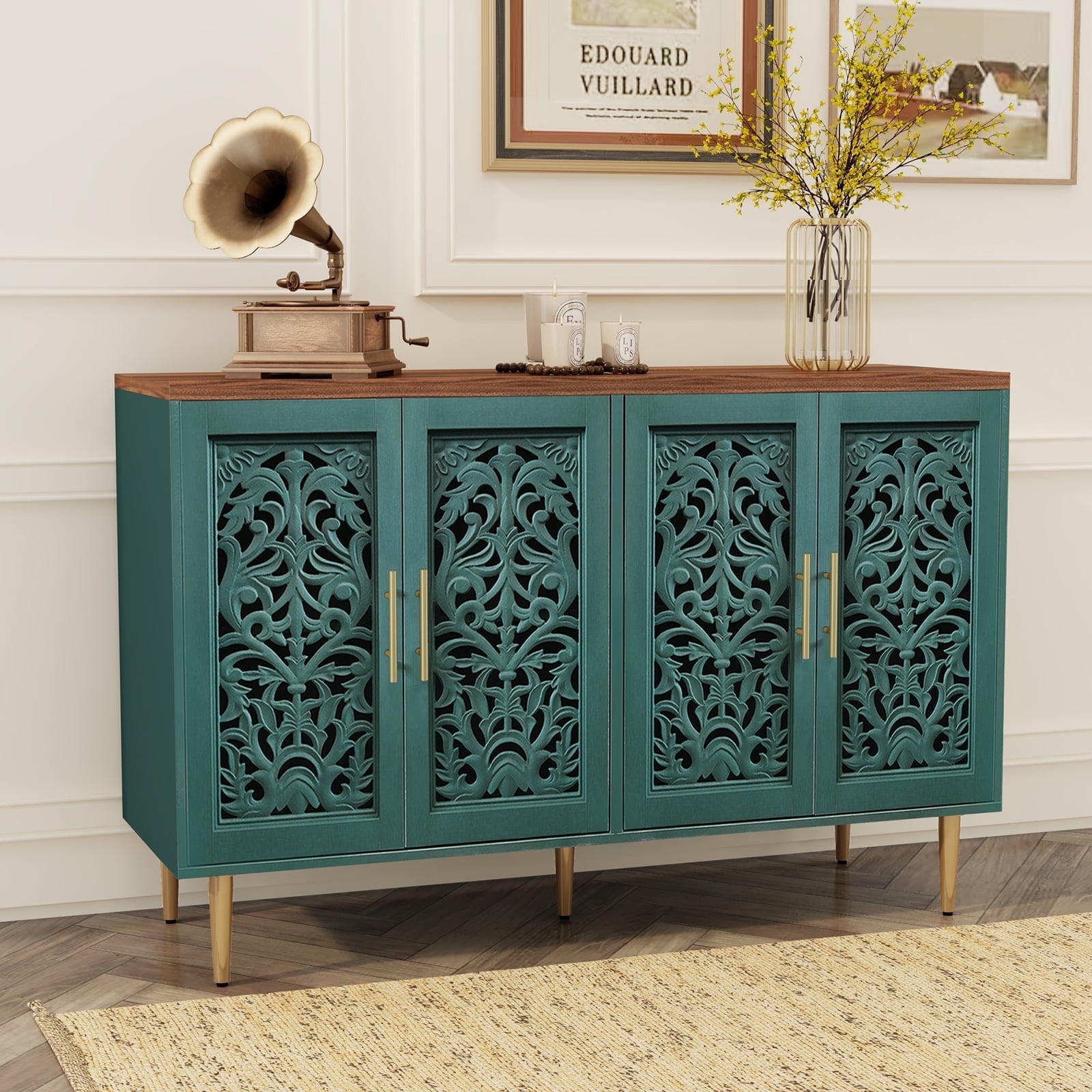 HLR 48" Accent Cabinet with 4 Doors, Vintage Hollow Carving Storage ...