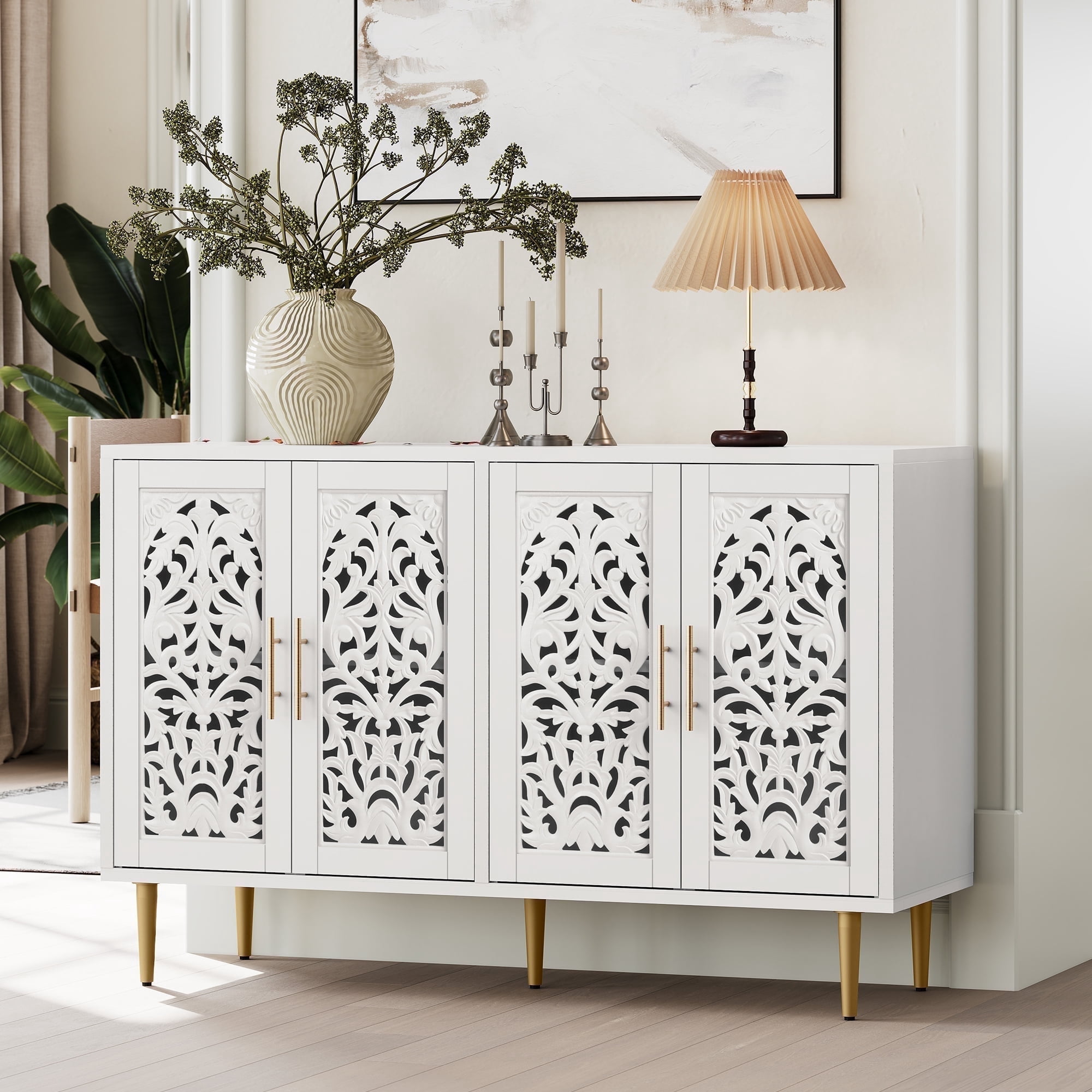 HLR, Accent Cabinet, 48" with 4 Doors, Vintage Hollow Carving - Walmart.com