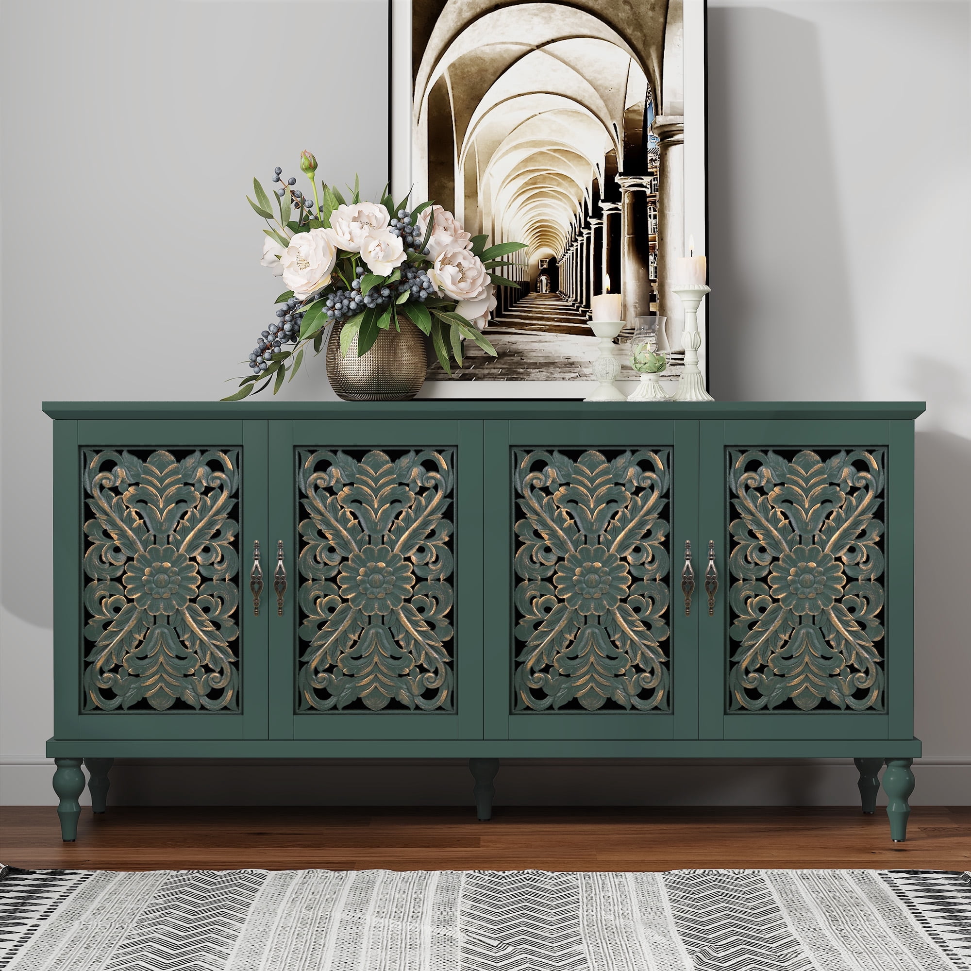 HLR 62'' Mid Century Vintage Sideboards Buffets Cabinet with 4 Doors ...