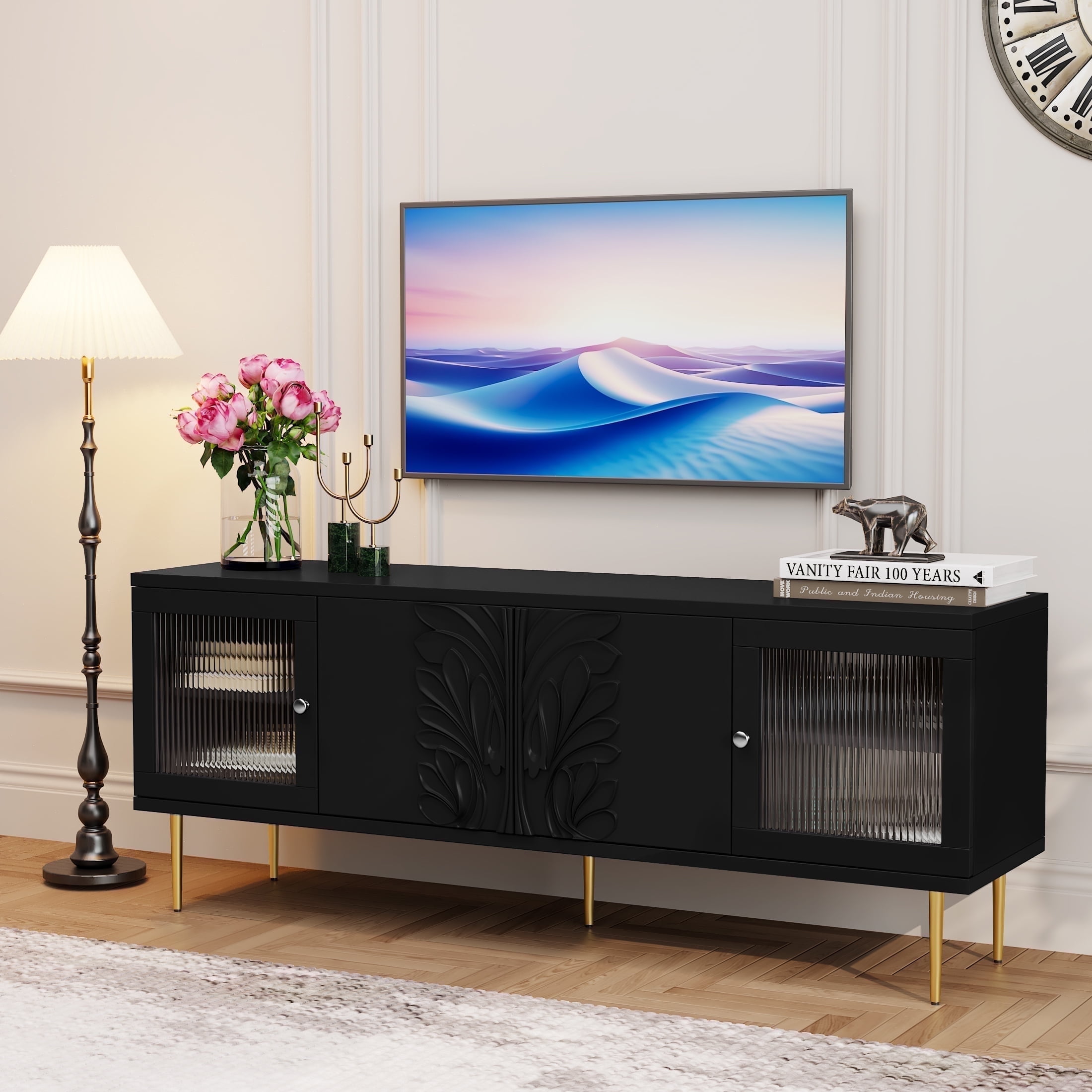 HLR 63" Modern Wood TV Stand with 3D Flower Pattern For TVs Up to 75 ...