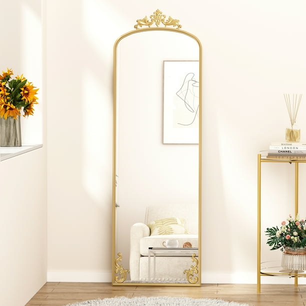 HLR 65"x21"Gold Arched Full Length Mirror with Carved Metal Frame，Body ...