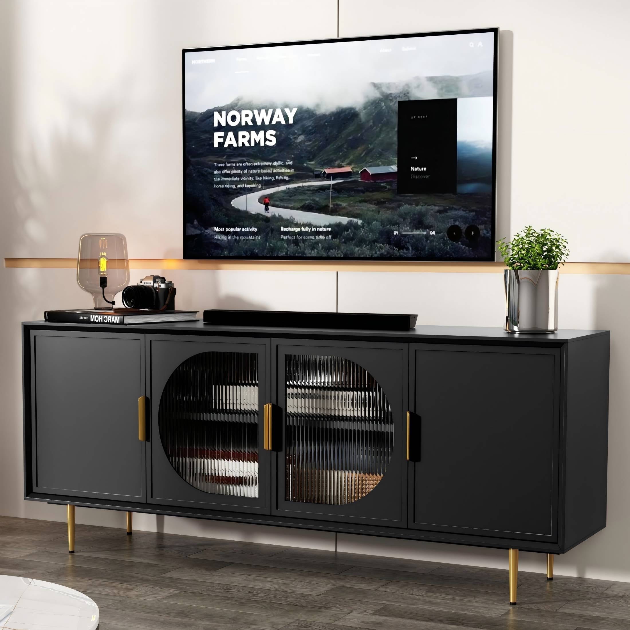 HLR Black TV Cabinet with Glass Doors & Gold Feet for TVs up HLR Black TV Cabinet with Glass Doors & Gold Feet for TVs up