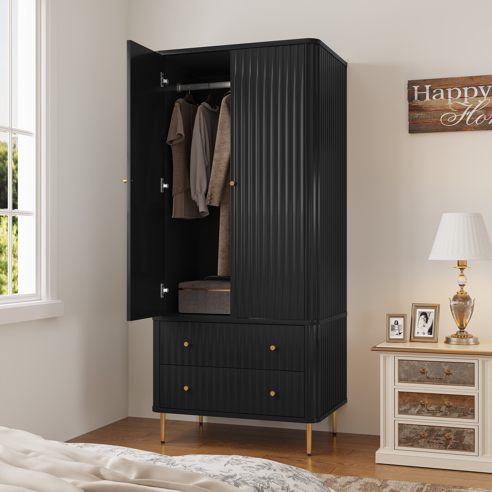HLR, Wardrobe Closet, 71" Tall Fluted Wood Armoire, Black - Walmart.com