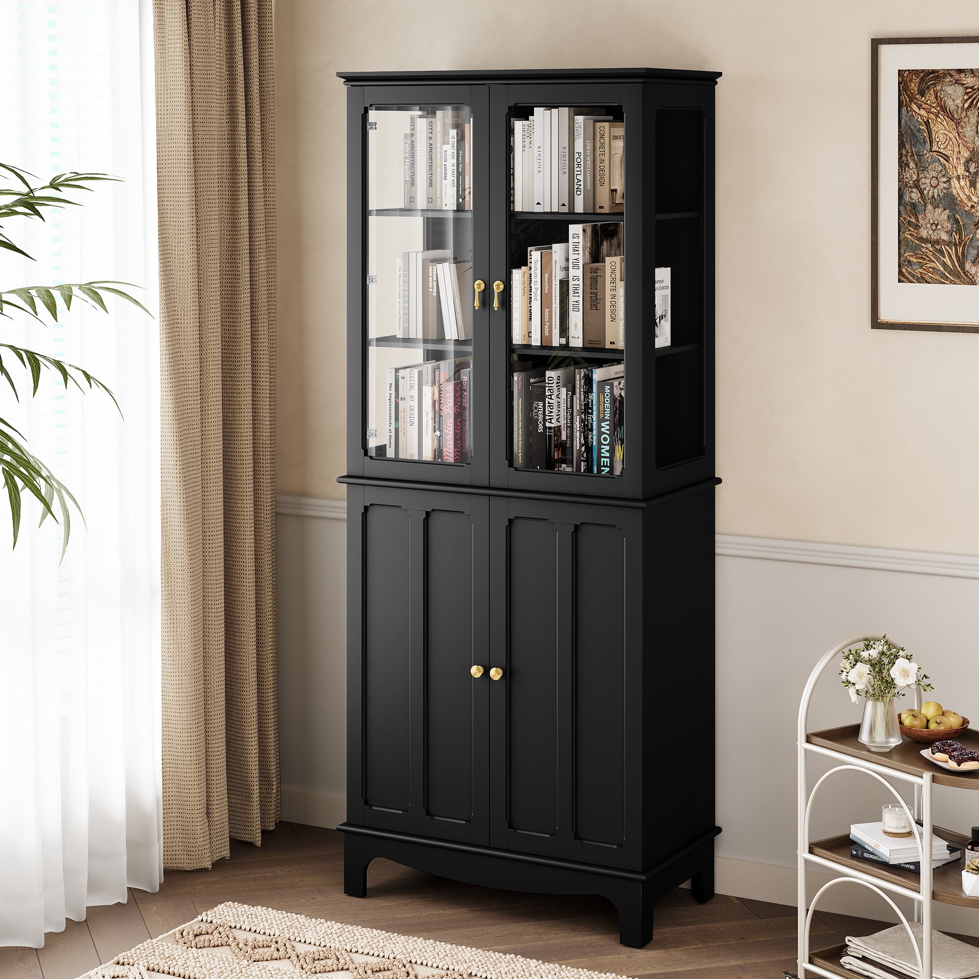 "HLR 72"" Black Kitchen Pantry Storage Sideboard, Glass Display Cabinet ...