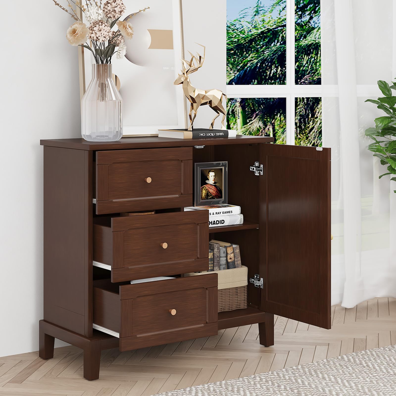 HLR Accent Cabinet with 3 Drawers and Door, Wooden Storage Cabinet with ...