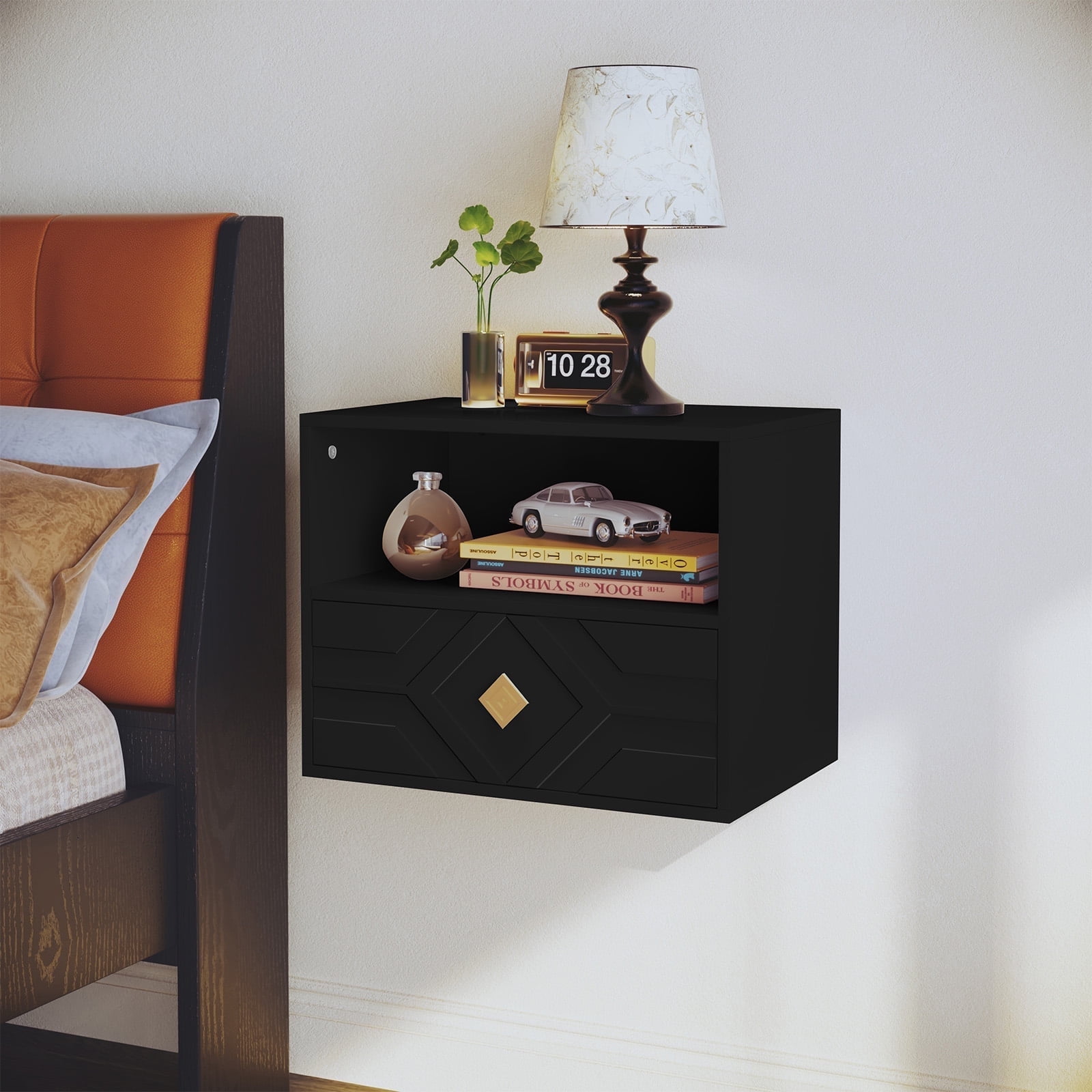 HLR Black Floating Nightstand with Drawer, Modern Wall Mounted Bedside ...