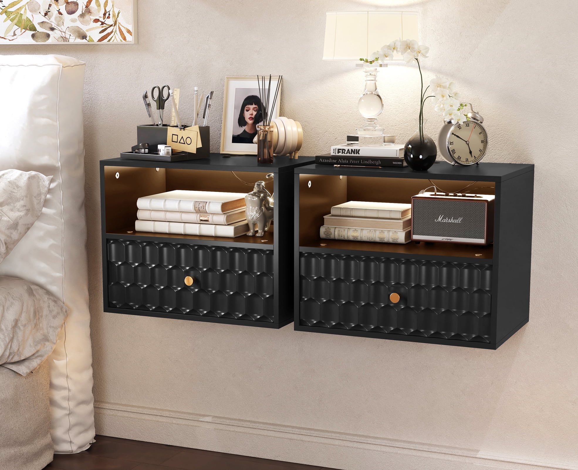 HLR Black Floating Nightstand Set of 2 Shelves with Drawer, Modern ...