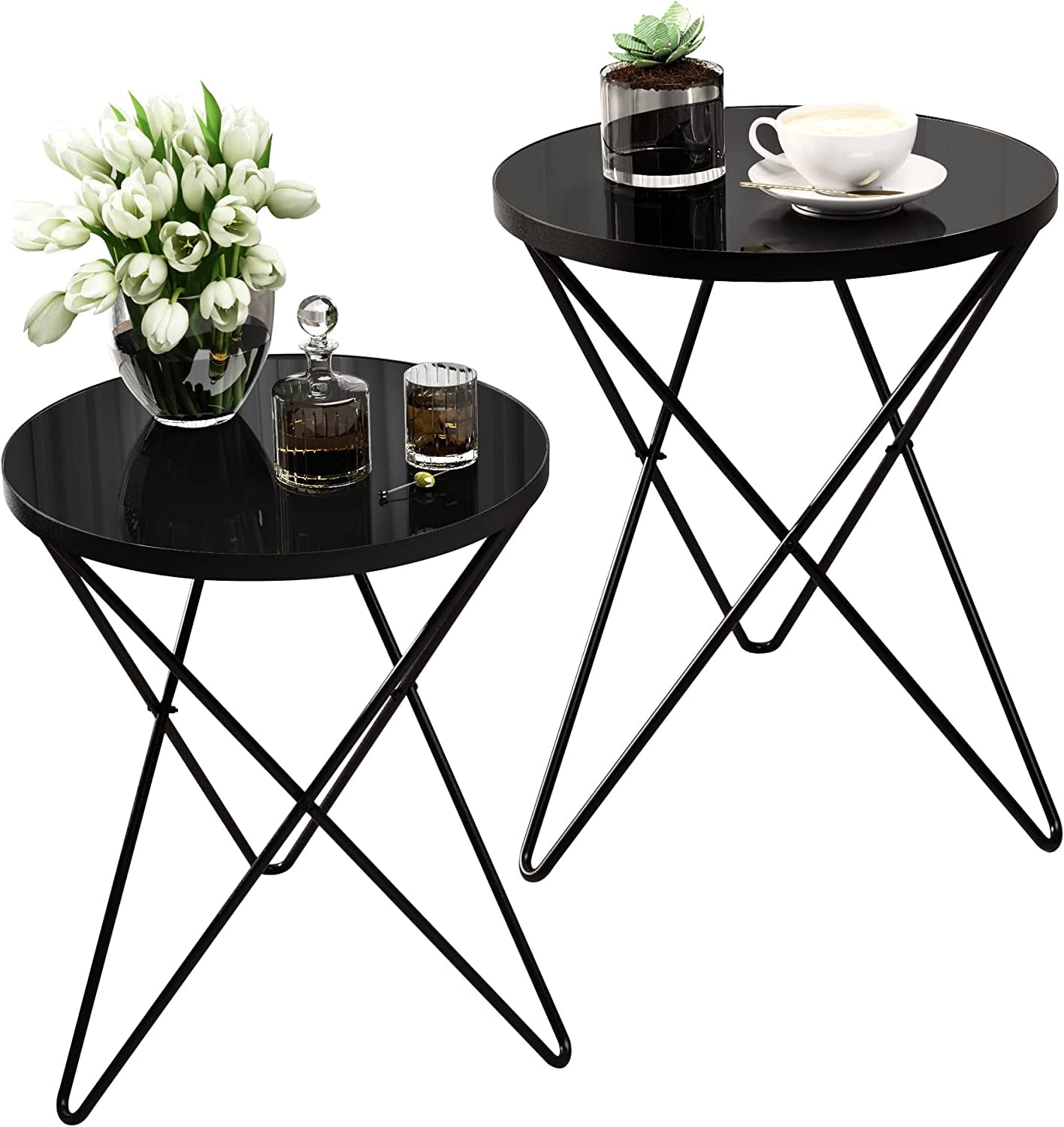 HLR Black Side Table Set of 2, Round Side Table with Black Metal Base ...