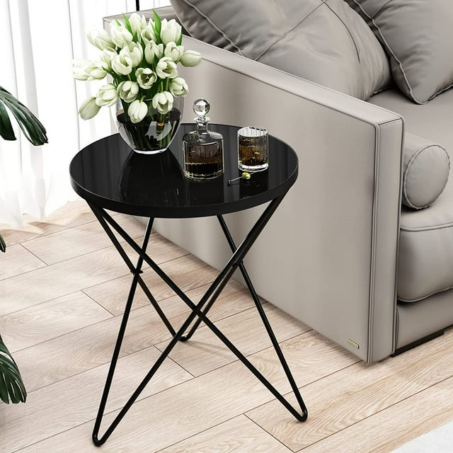 HLR Black Side Table for Living Room, Round Side Table with Black Metal ...