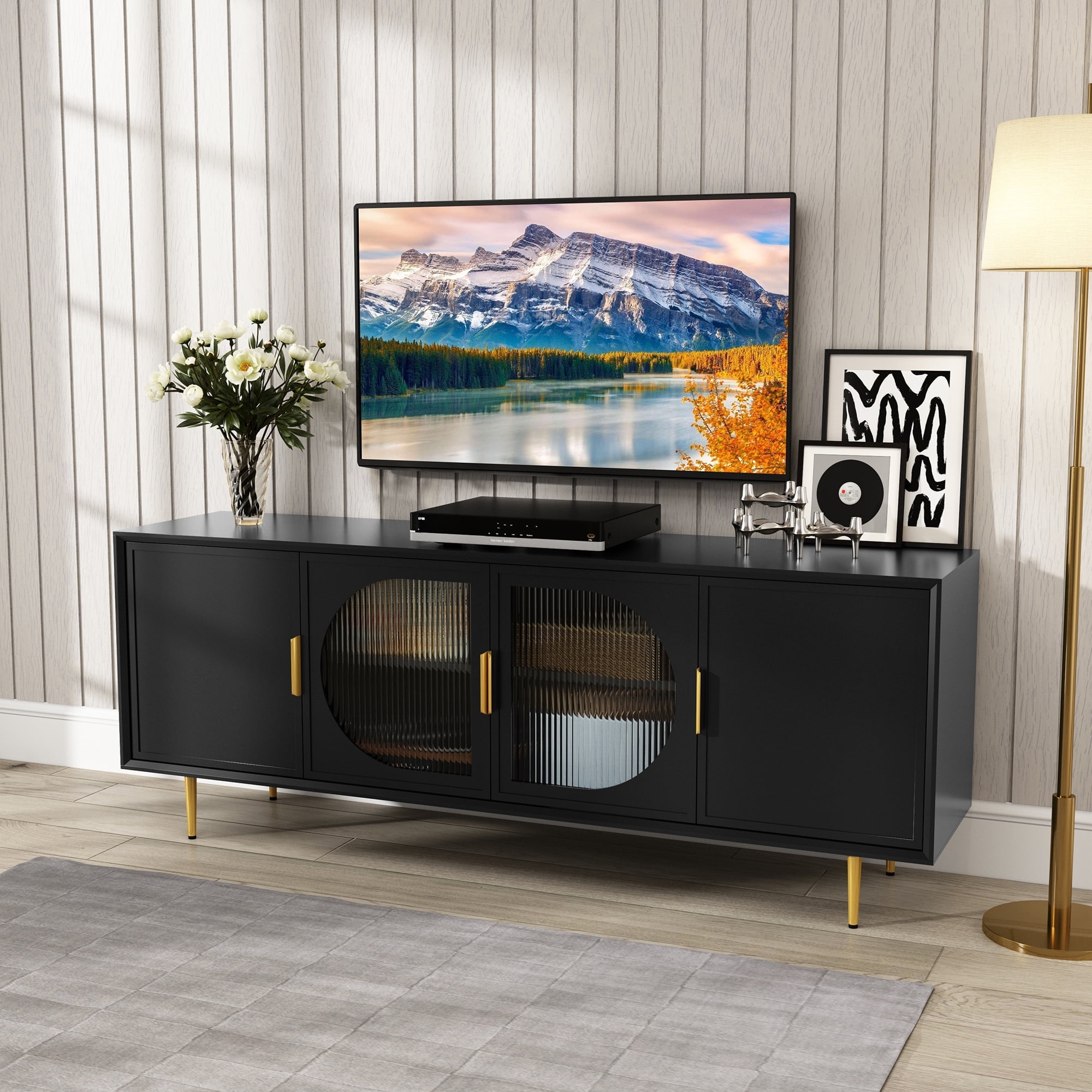 HLR Black TV Cabinet with Glass Doors & Gold Feet for TVs up to 80 ...