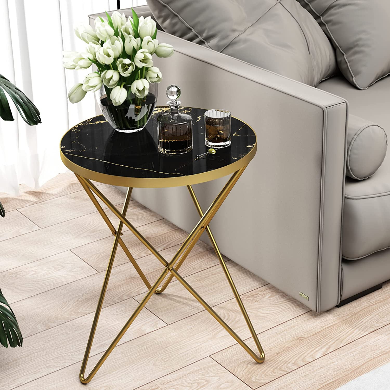 HLR Black and Gold Side Table, Round Side Table with Gold Metal Base ...