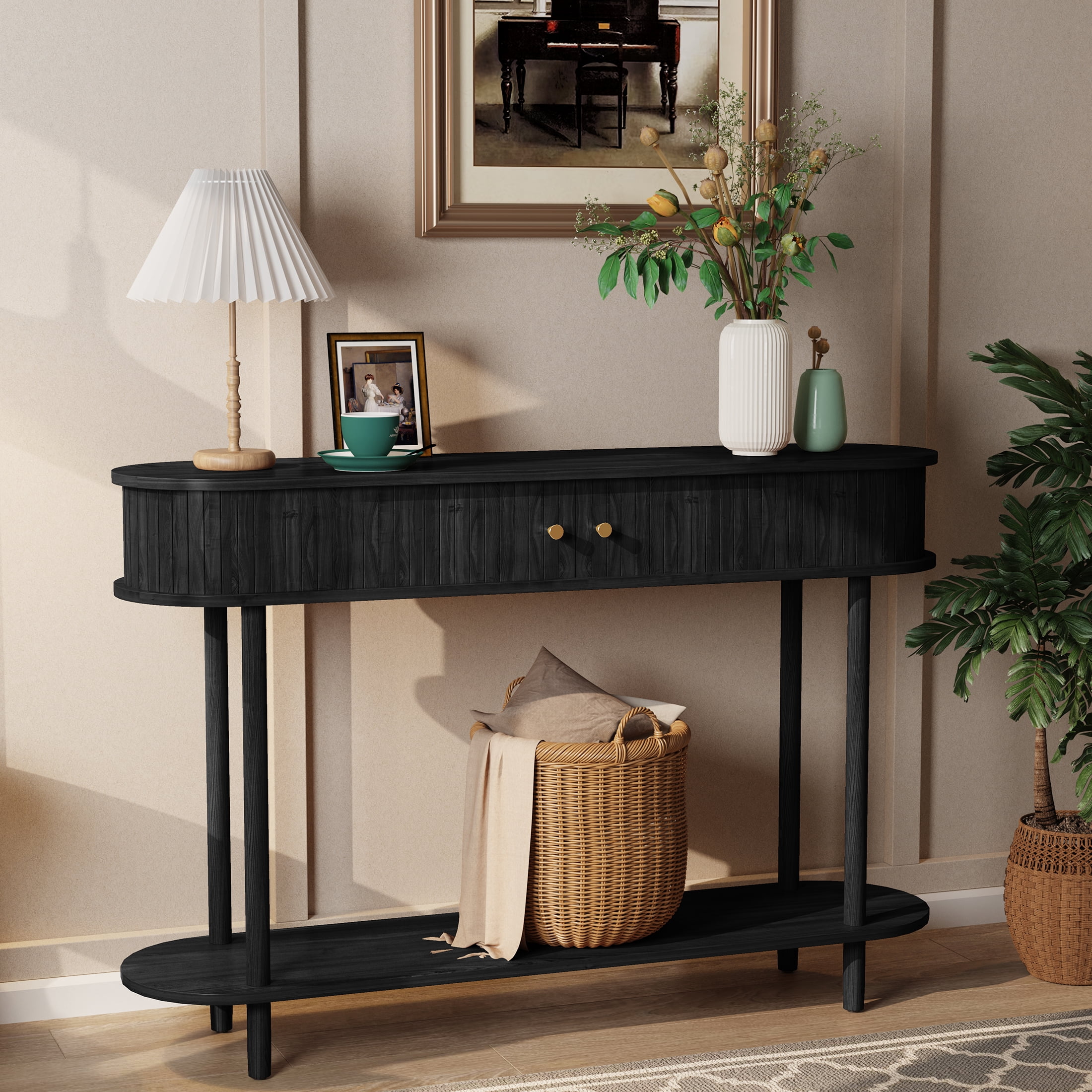 HLR Farmhouse 2-Tier Entryway Sofa Console Table with Tambour Sliding ...