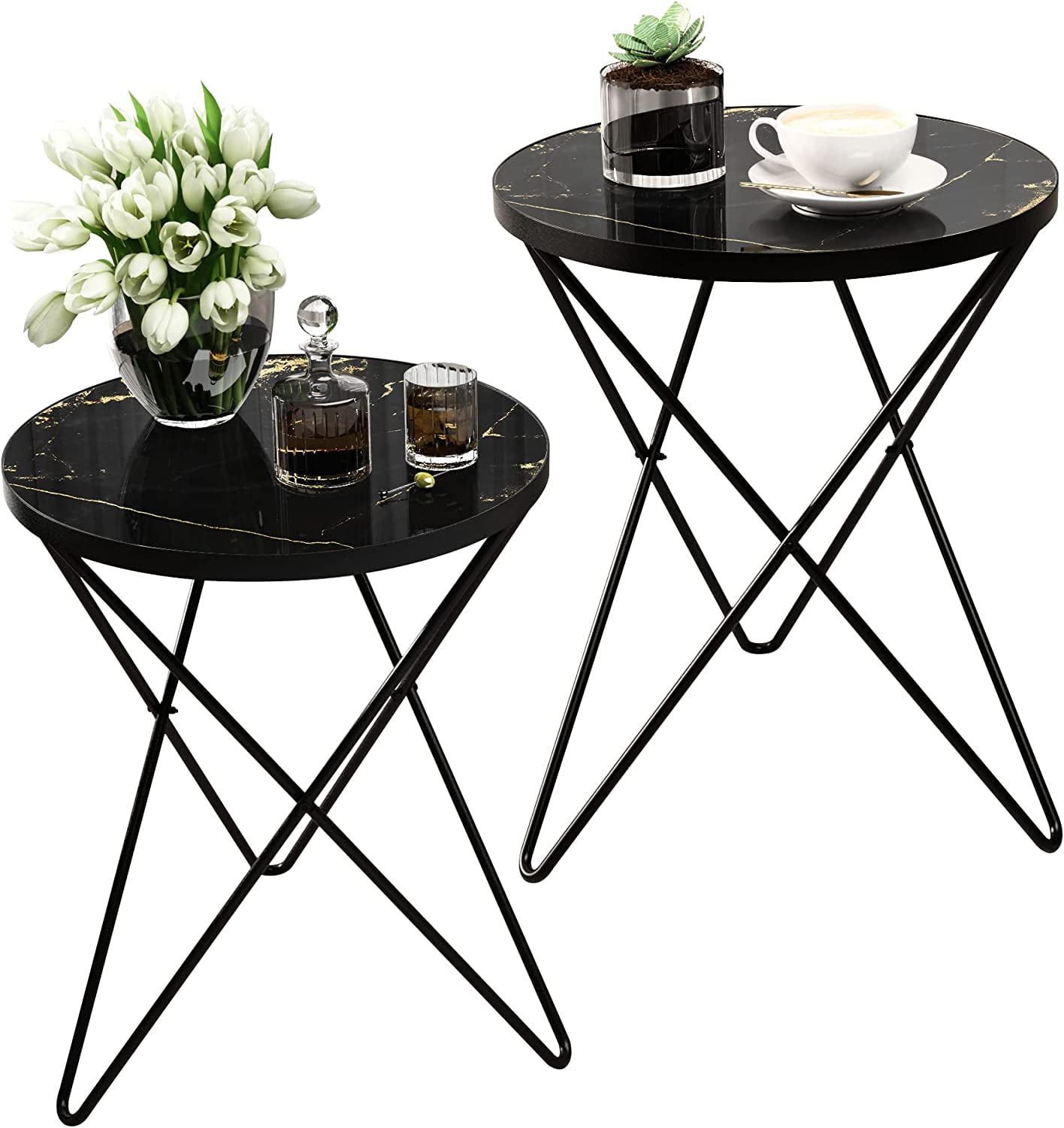 HLR Faux Black Mable Side Table Set of 2, Round Side Table with Black ...