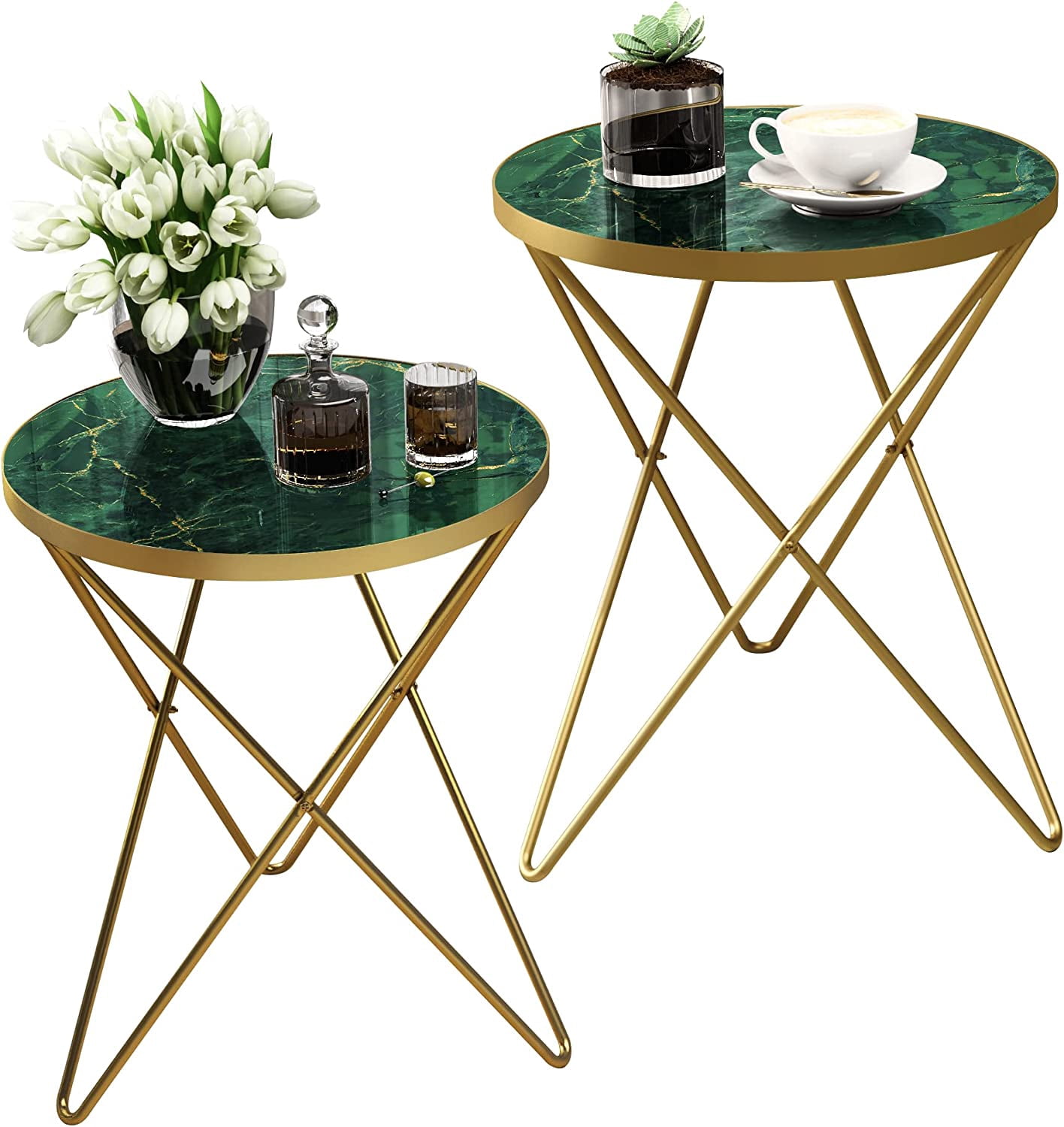 HLR Faux Green Mable Side Table Set of 2, Round Side Table with Gold ...