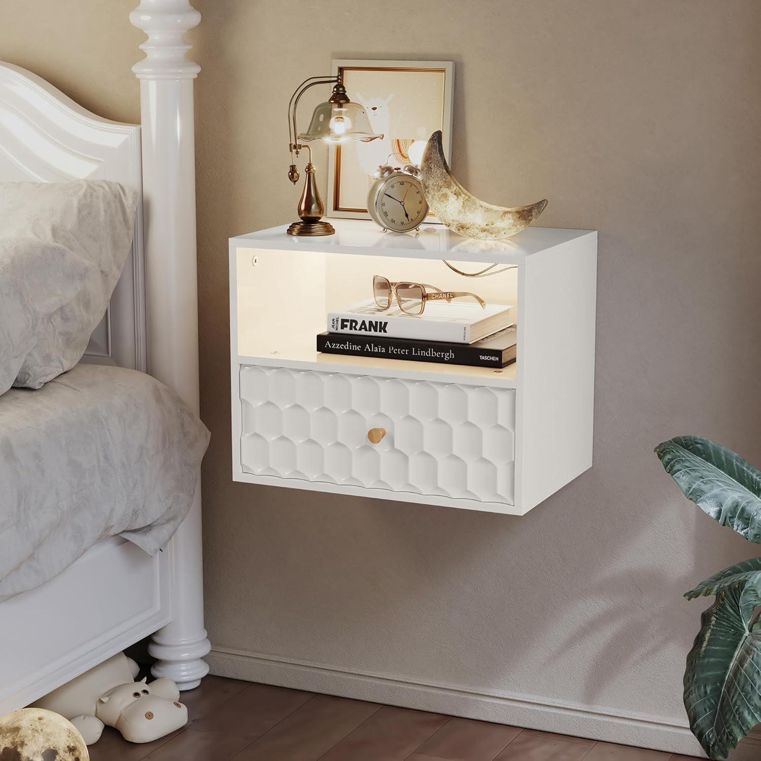 HLR Floating Nightstand with LED Light, Modern Wall-Mounted Bedside ...