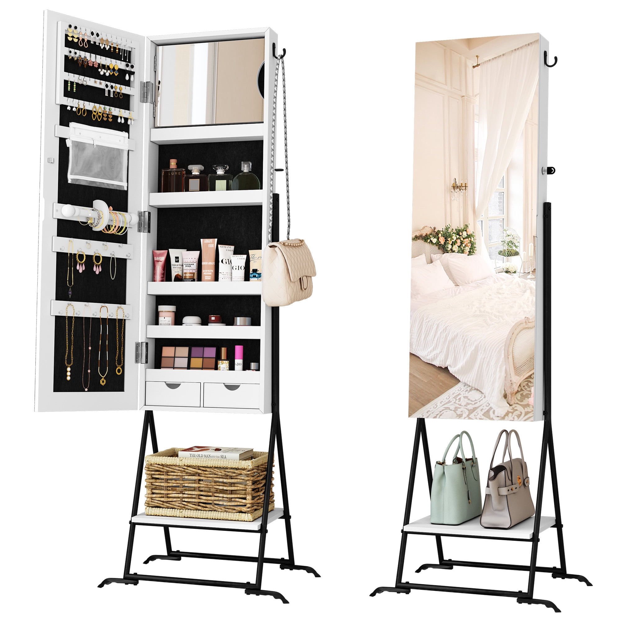 HLR Freestanding Mirror with Jewelry Storage with shelf, Lockable ...