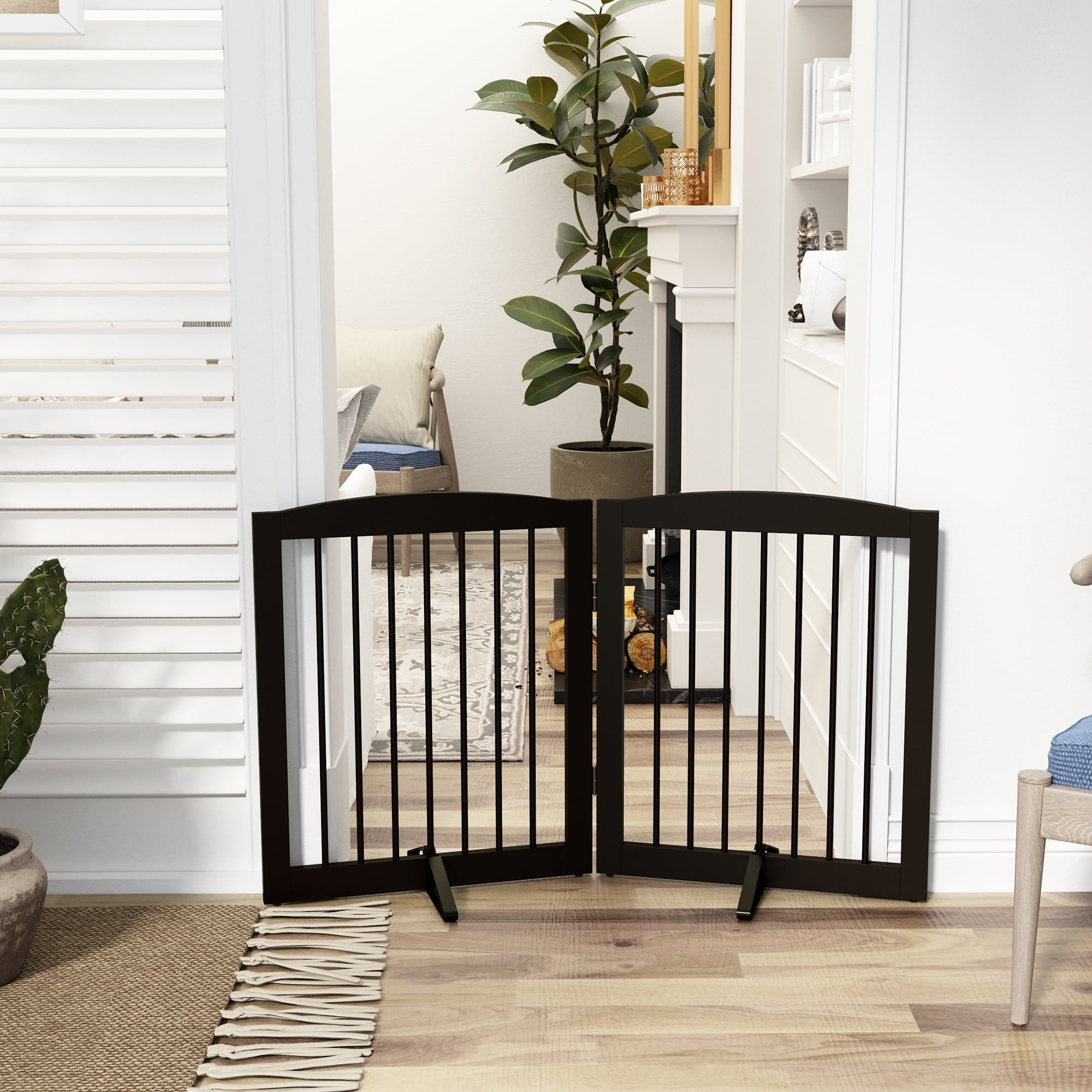 HLR Freestanding Pet Gate for Dogs, Foldable Wooden Dog Gate, Indoor ...