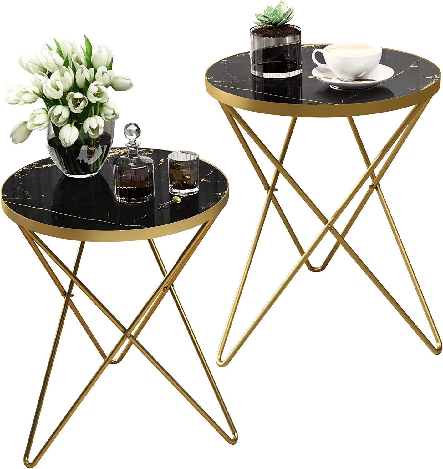 HLR Gold End Table Set of 2, Round Side Table with Gold Metal Base Gold ...