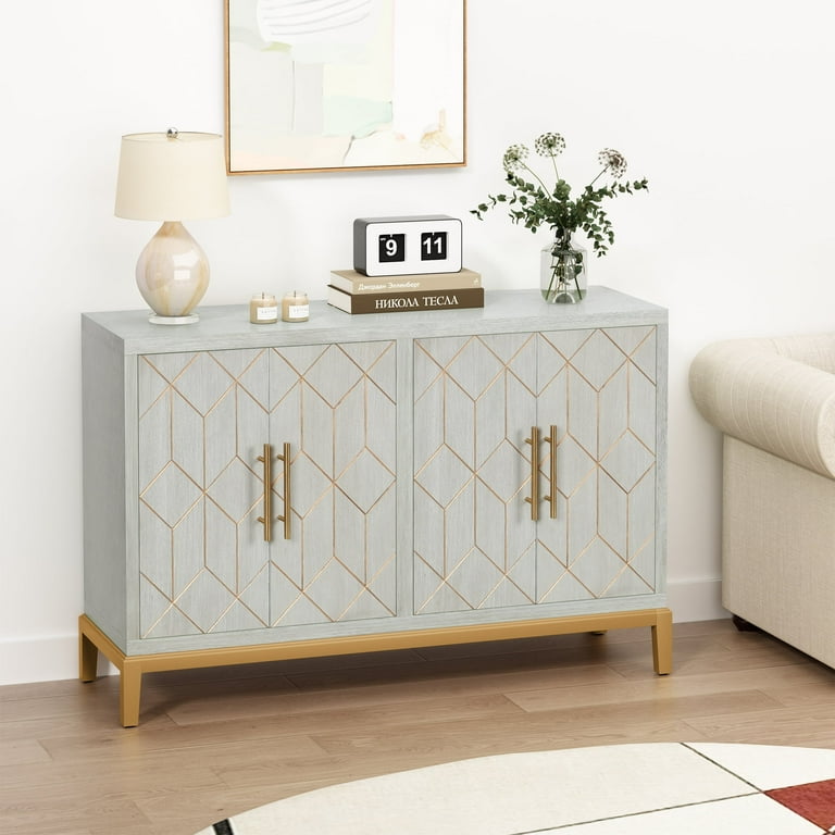 HLR Green Accent Cabinet with Gold Trim Storage Cabinet with 4 Doors Modern Wooden Sideboard