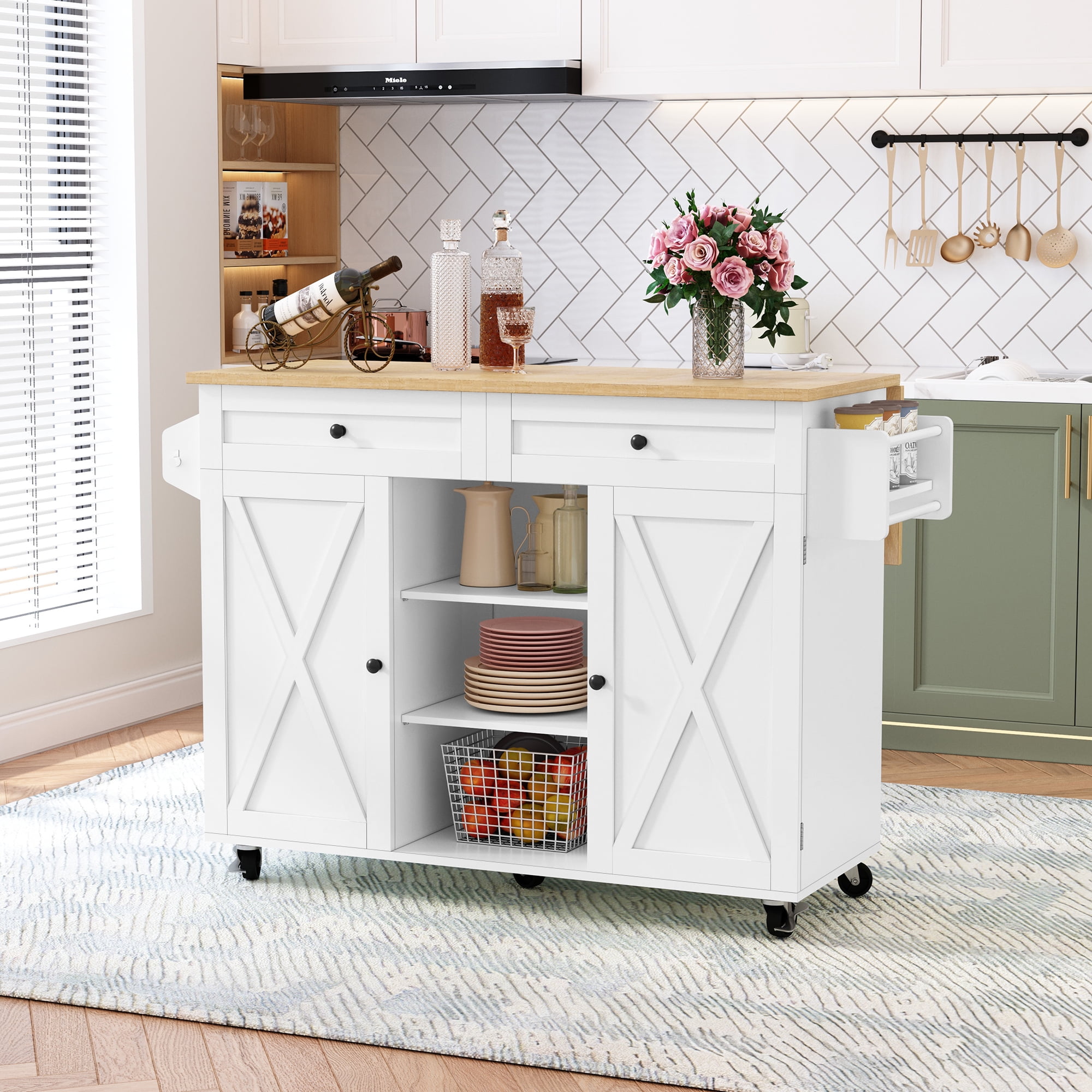 HLR 51.7" W Folding Kitchen Island Table on Wheels with Storage&Drop ...