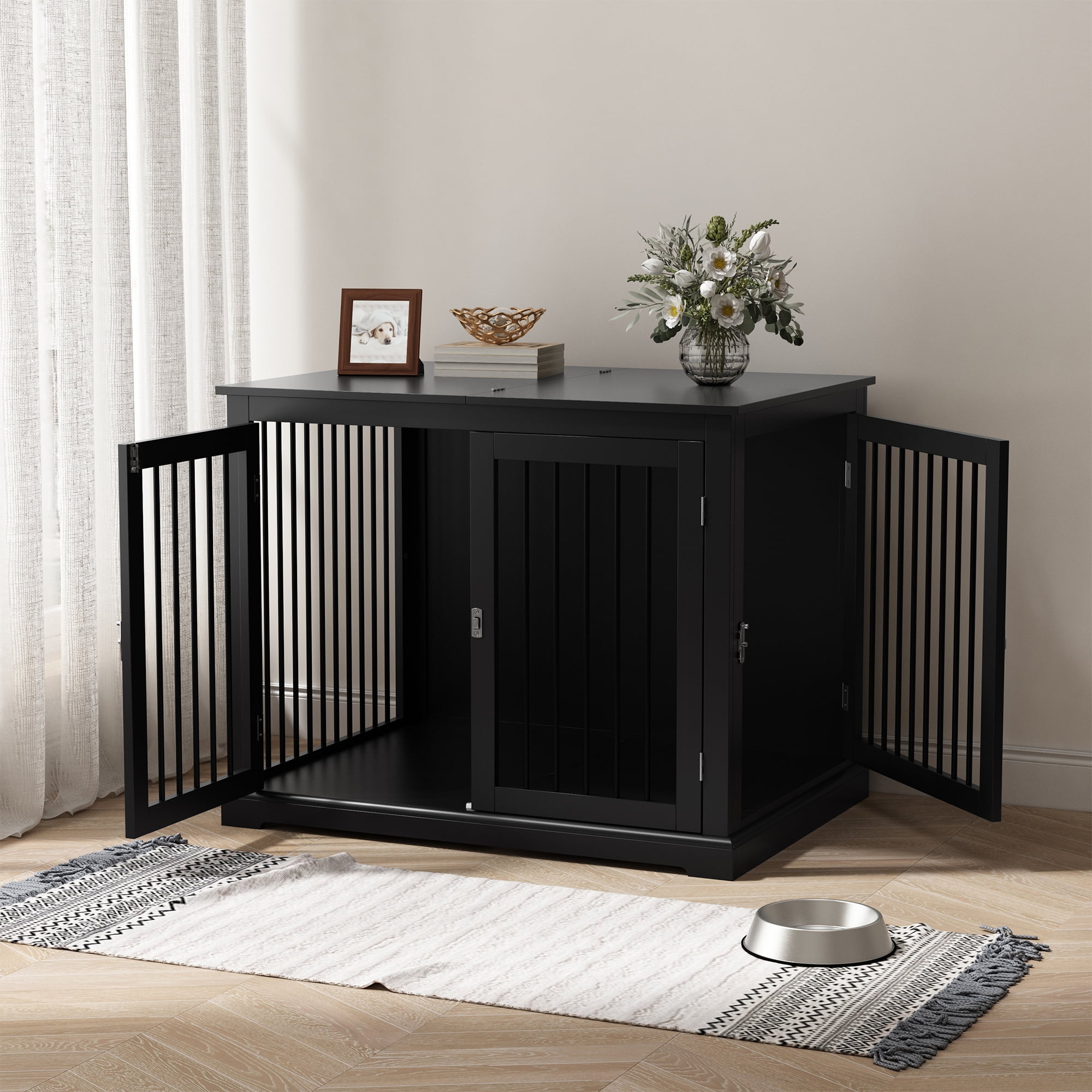 HLR Large Dog Crate, Dog Crate with Flip Cover, Anti-Chew Metal Strips ...