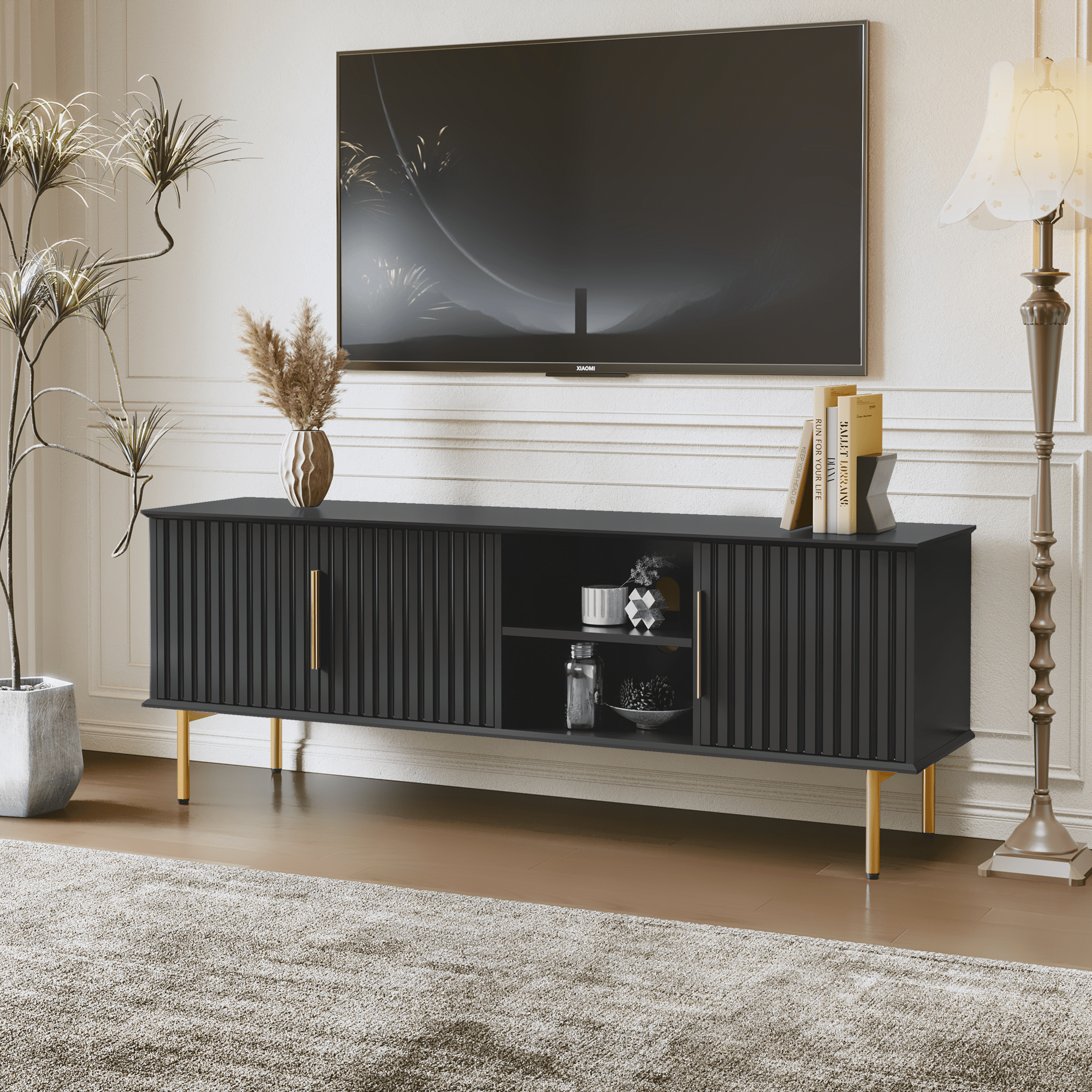 HLR Mid Century Modern Fluted 66" TV up to 75" Stand with Storage ...