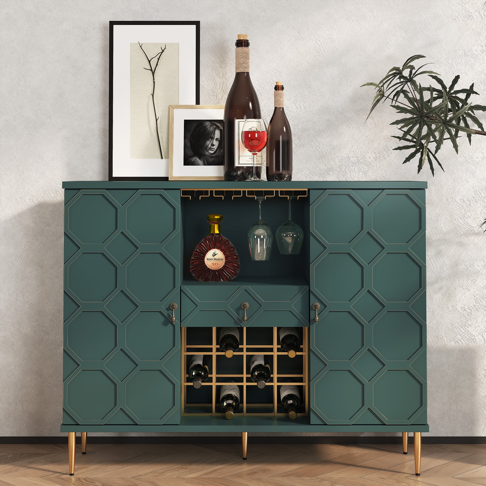 HLR Modern 47.2" Wine Bar Cabinet with Drawer, Geometric Door Buffet ...