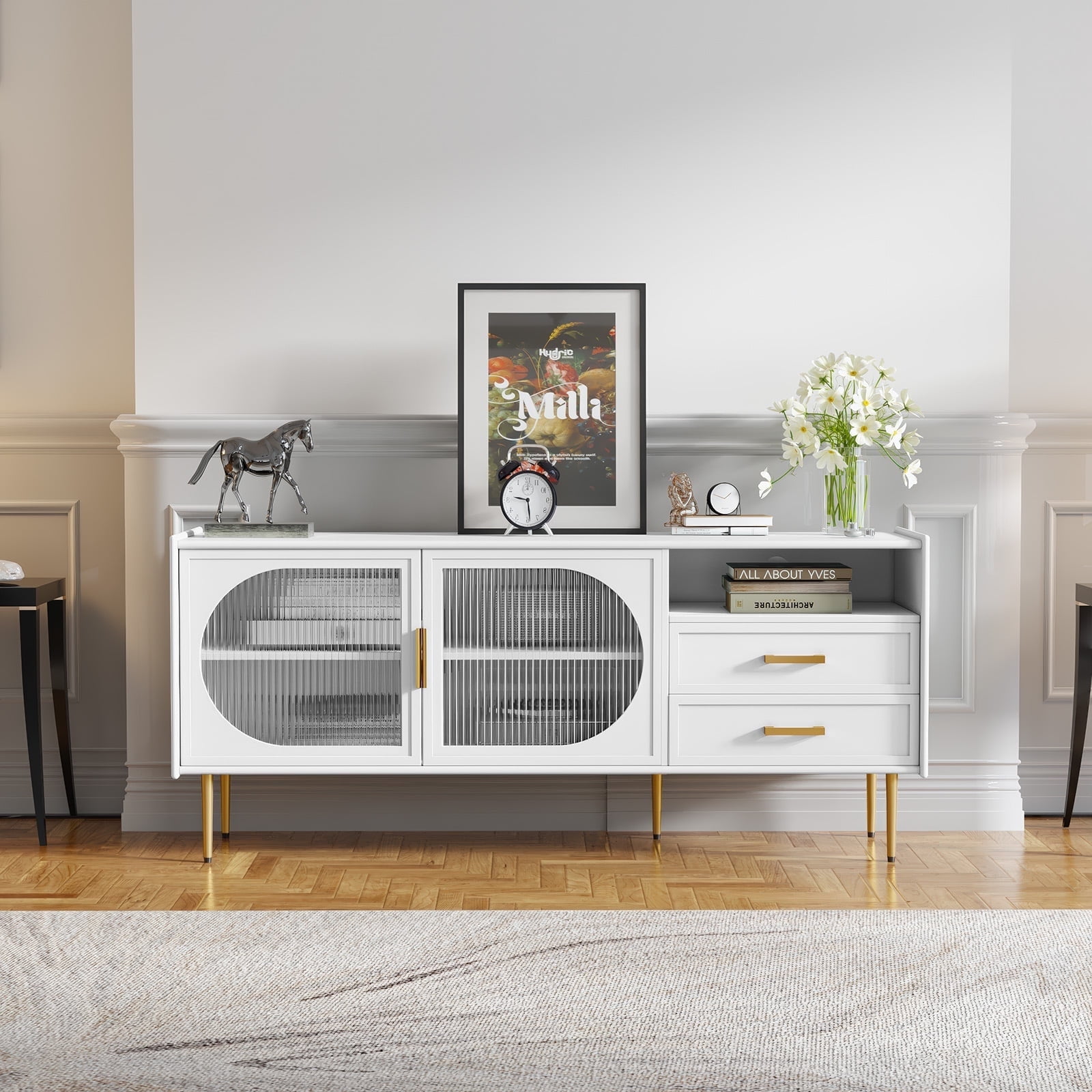 HLR Modern 60” TV Stand for 65-inch TVs with Glass Door & Drawers ...