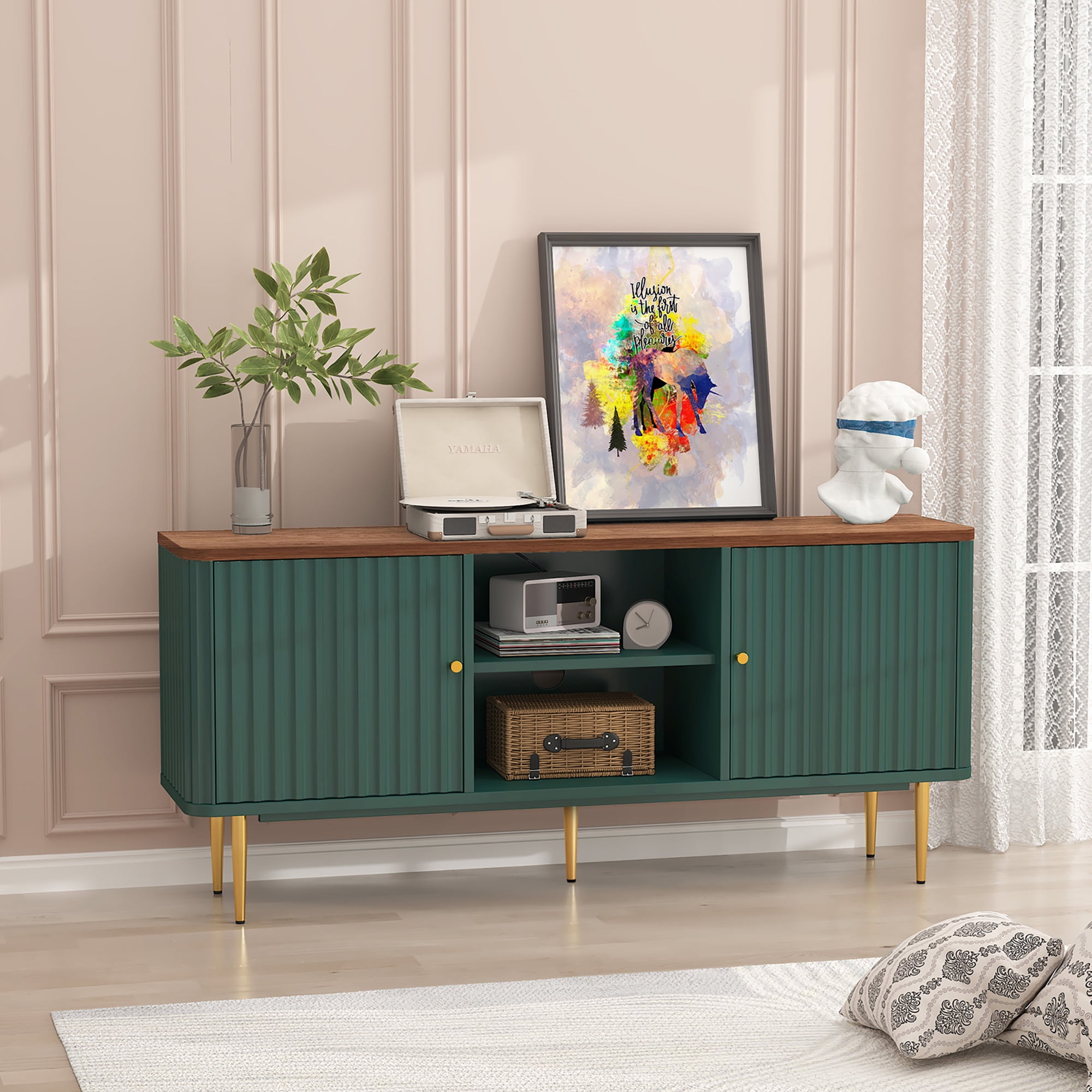 HLR Modern Fluted 55" TV Stand for 65 Inch TV with Storage ...