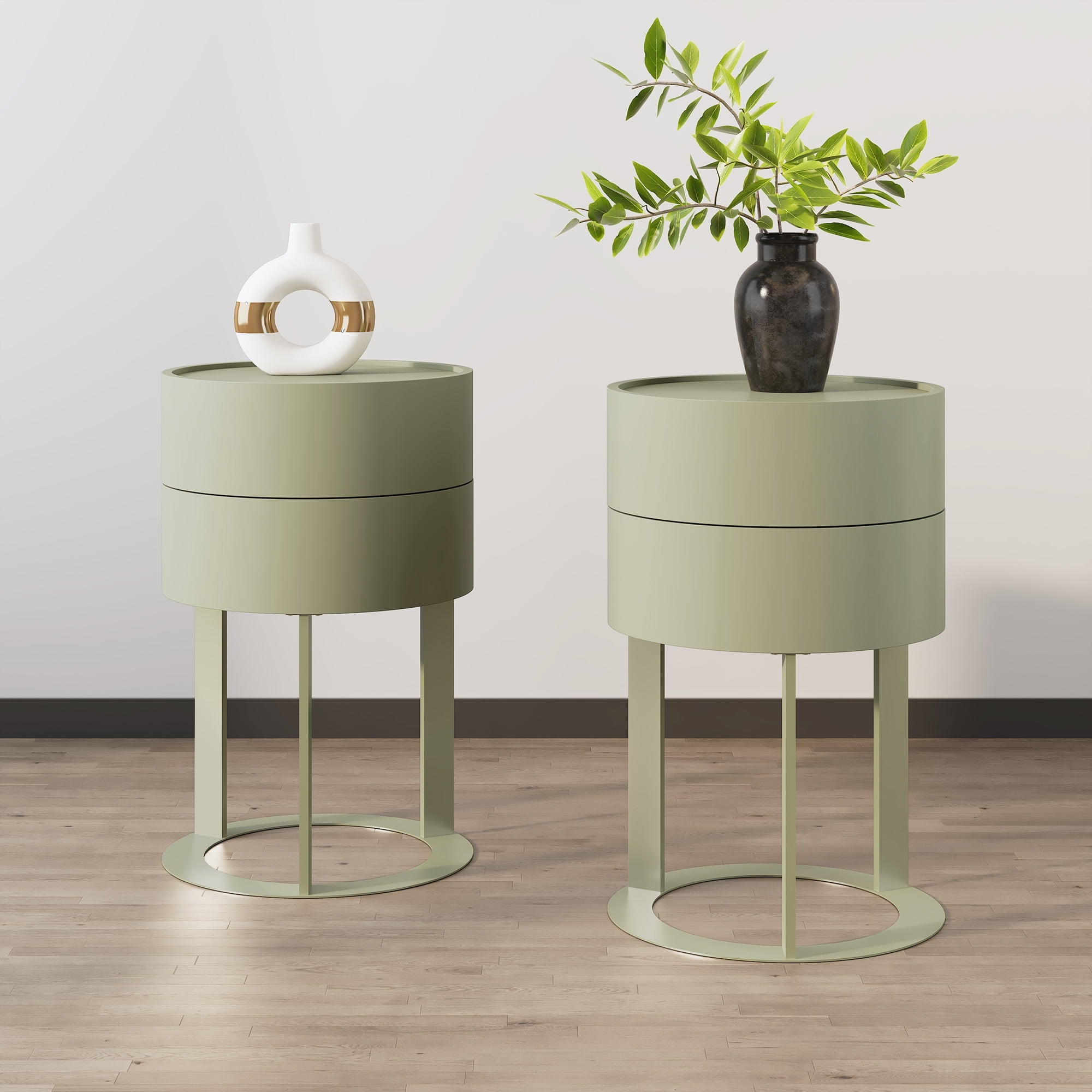 HLR Modern Round Nightstand Set of 2 with Drawer, 2-Tier End Table for ...
