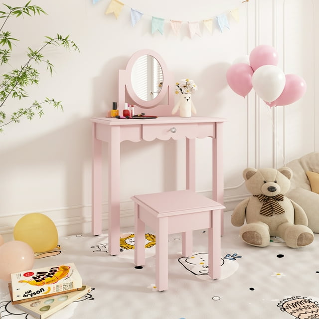 HLR Modren Little Girls Kids Vanity Set with Mirror and Stool, 2 in 1 ...