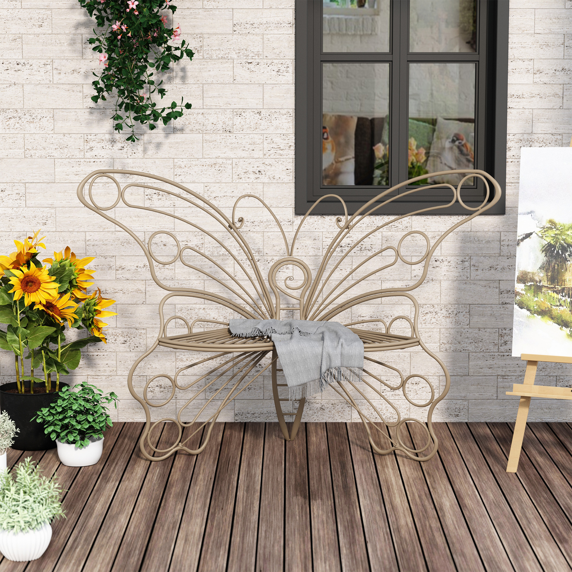 HLR Outdoor Bench with Butterfly Inspired Pattern, 50'' Metal Frame ...