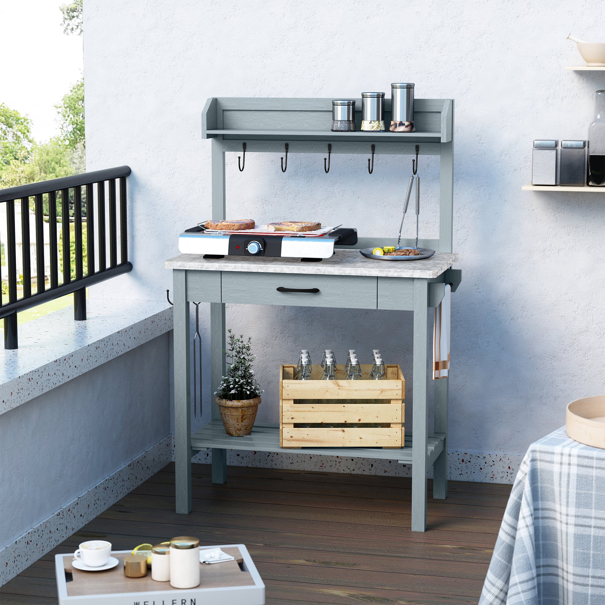 Free Shipping! HLR Outdoor Potting Bench Table with Metal Tabletop ...