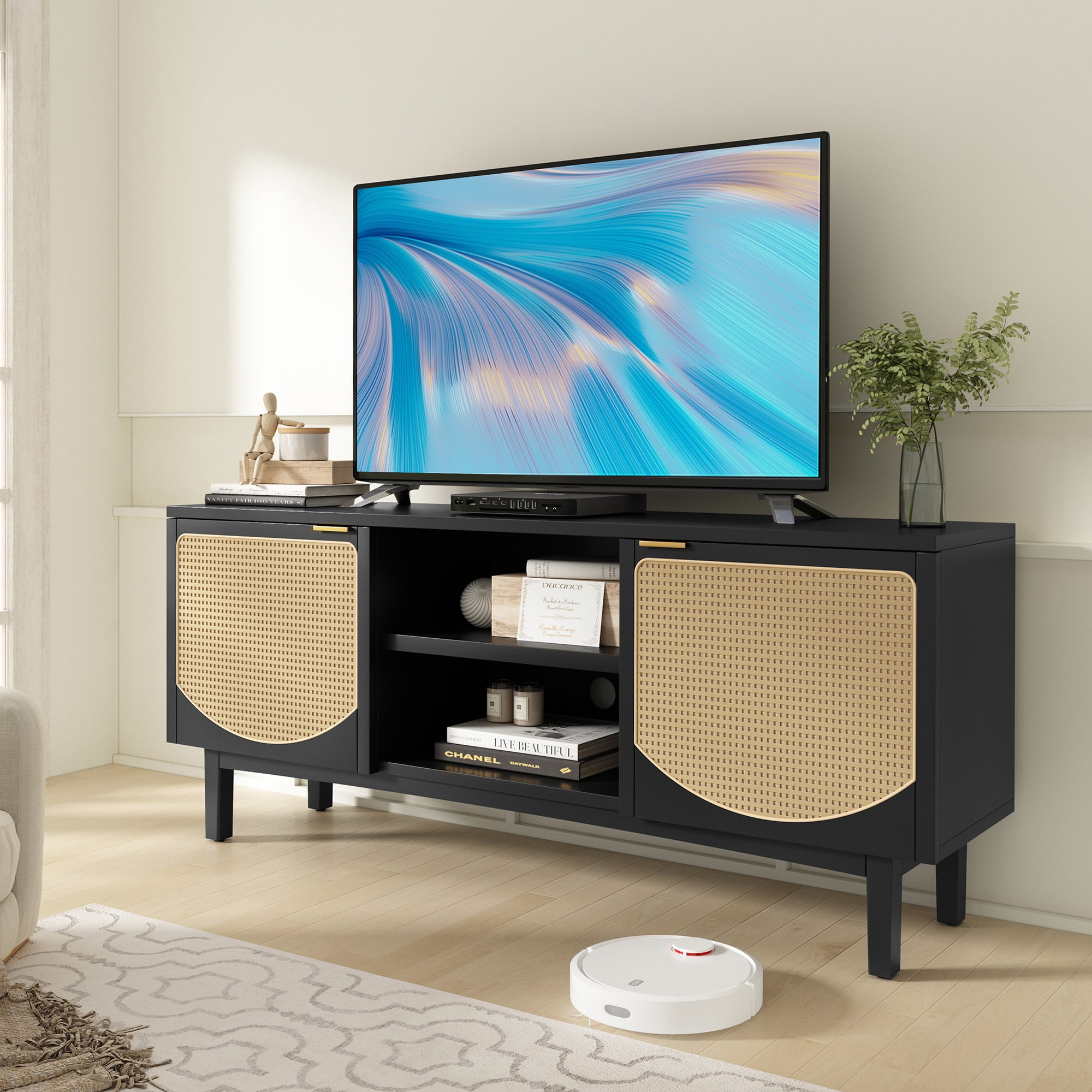 HLR Rattan TV Stand for up 65",Modern Stand with 2 Doors, Entertainment ...
