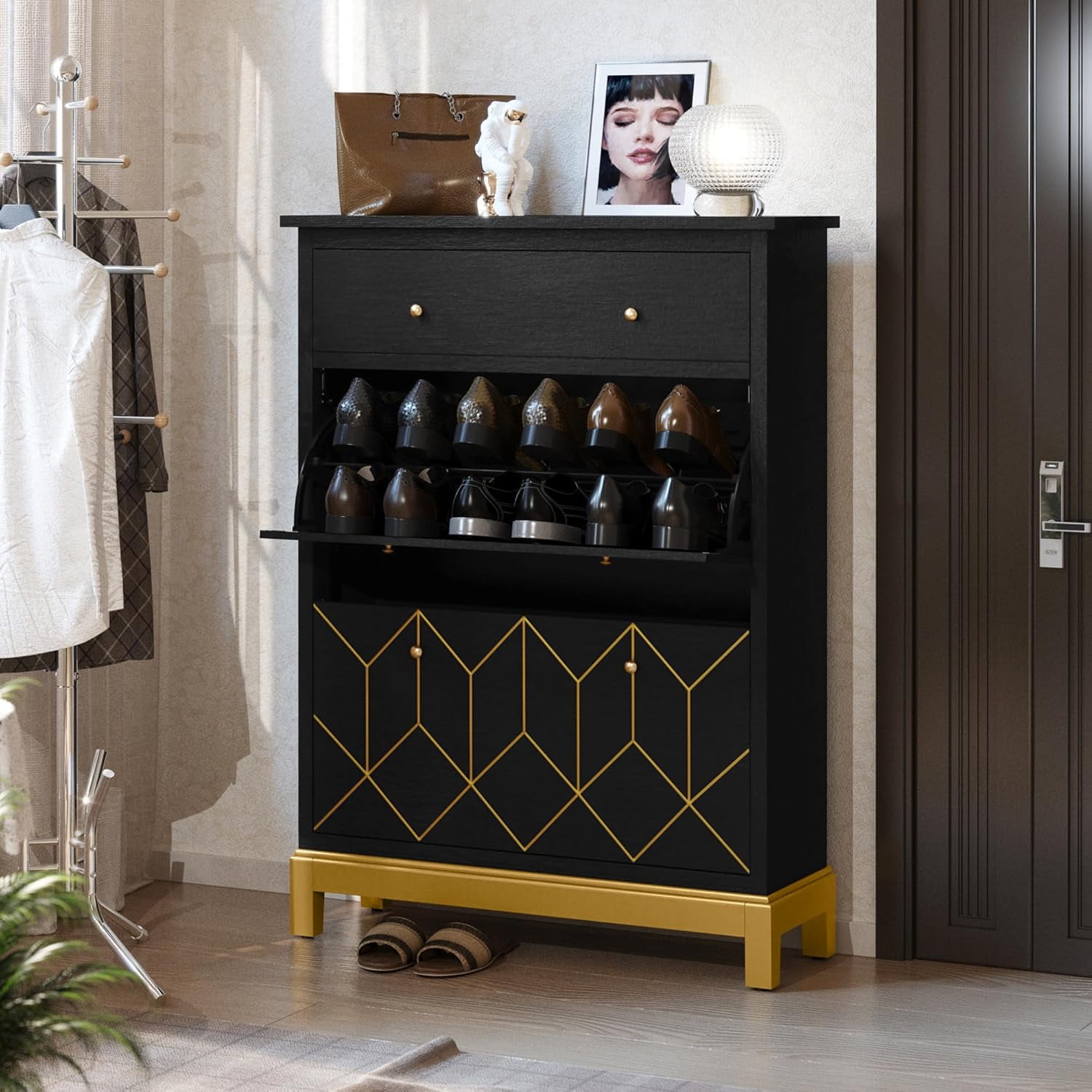 HLR Space Saving Hidden Shoe Cabinet with 2 Flip Doors 1 Drawer, Shoe ...