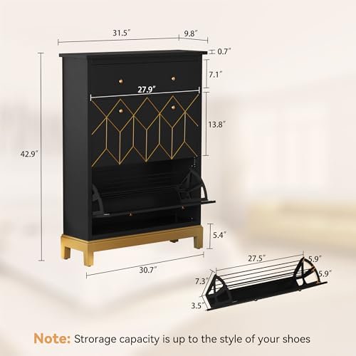 HLR Space Saving Hidden Shoe Cabinet with 2 Flip Doors 1 Drawer, Shoe ...