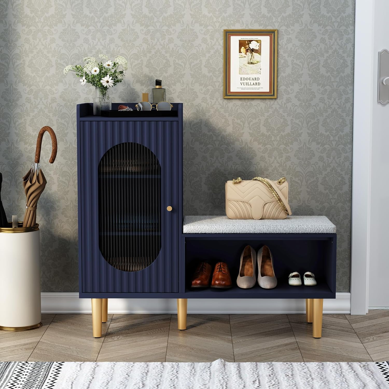 HLR Storage Bench with Glass Door&Shelf, Modern Entryway Shoe Cabinet ...